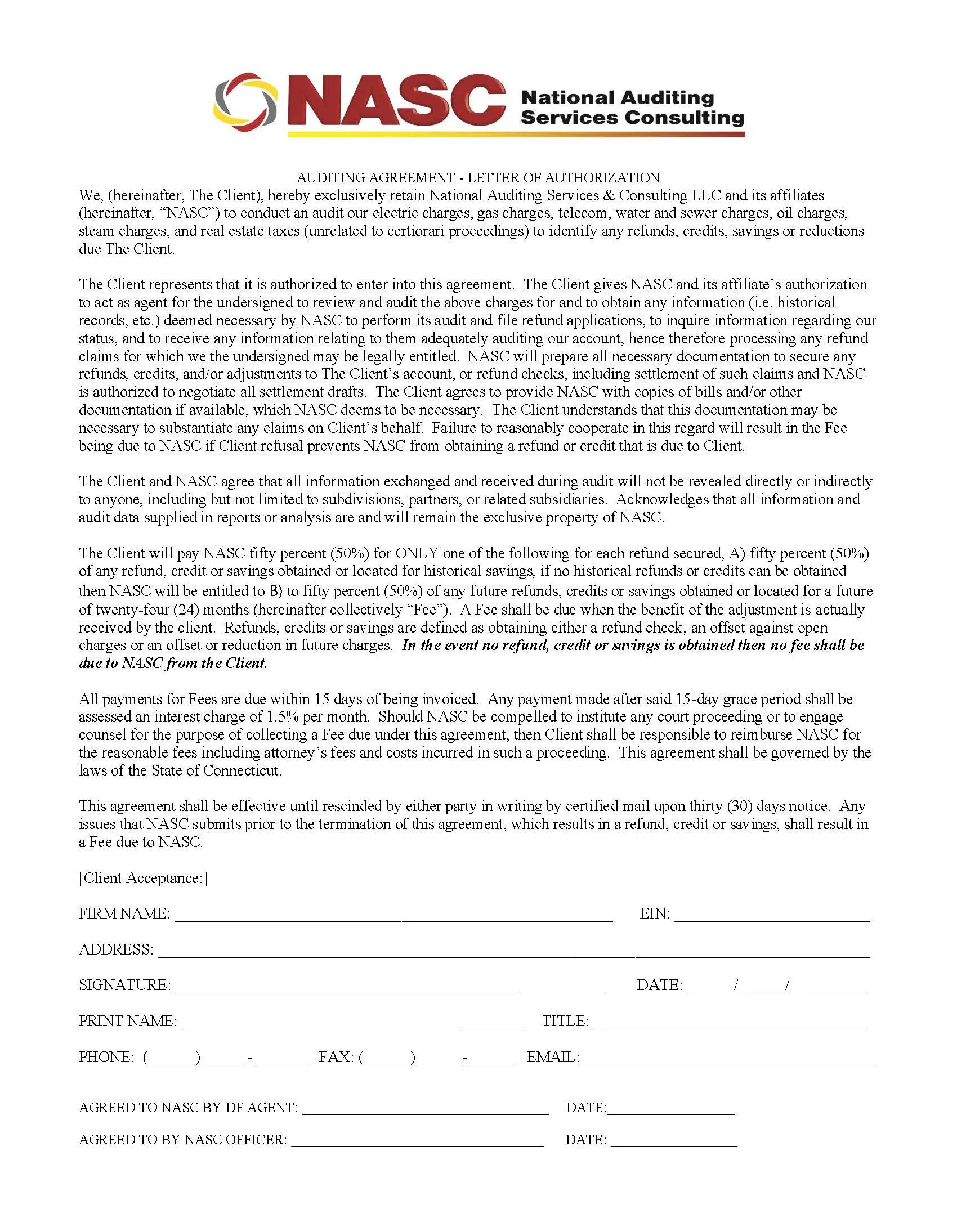 Utility Refund Agreement — National Auditing Services