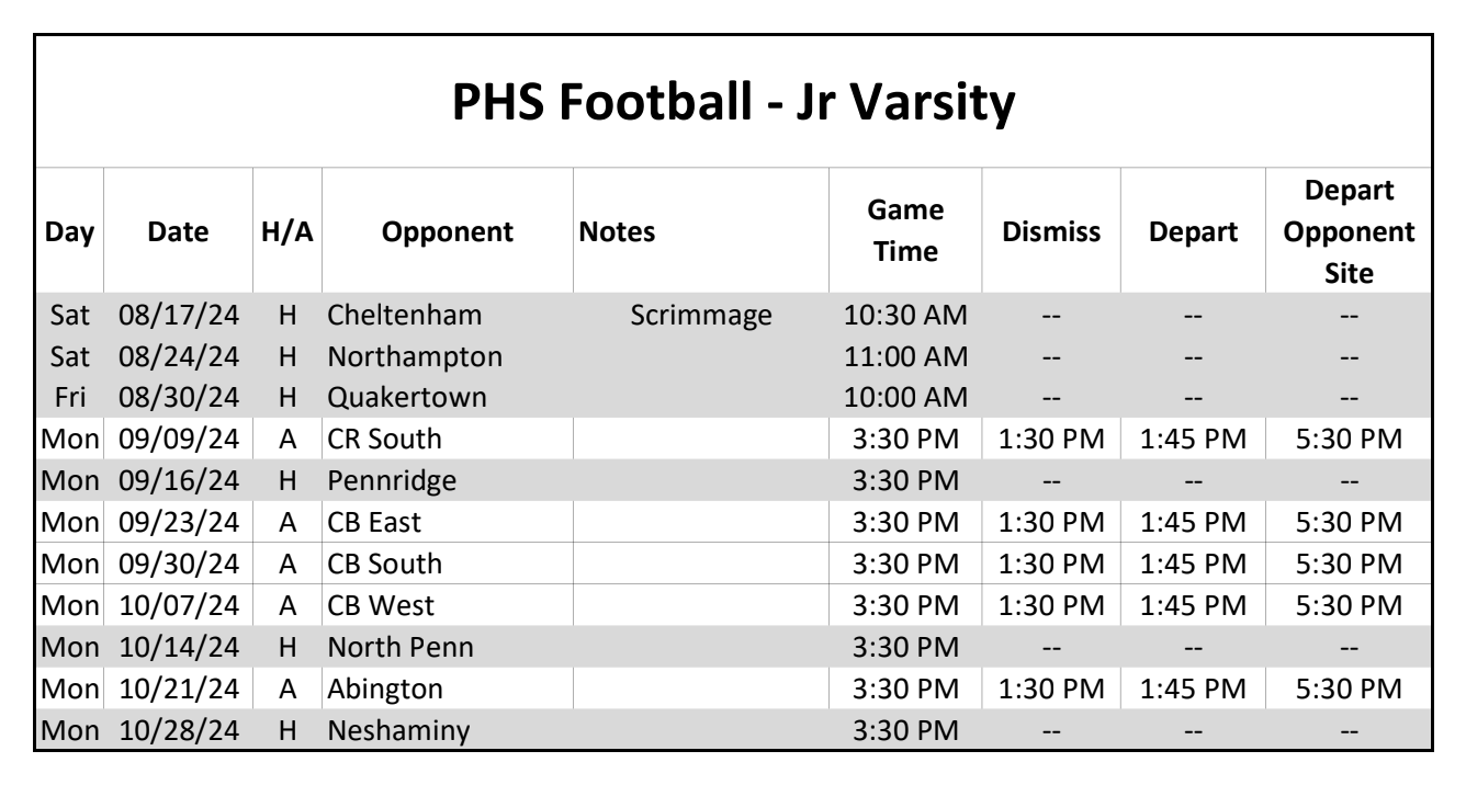 JV Schedule — Pennsbury Falcons Football