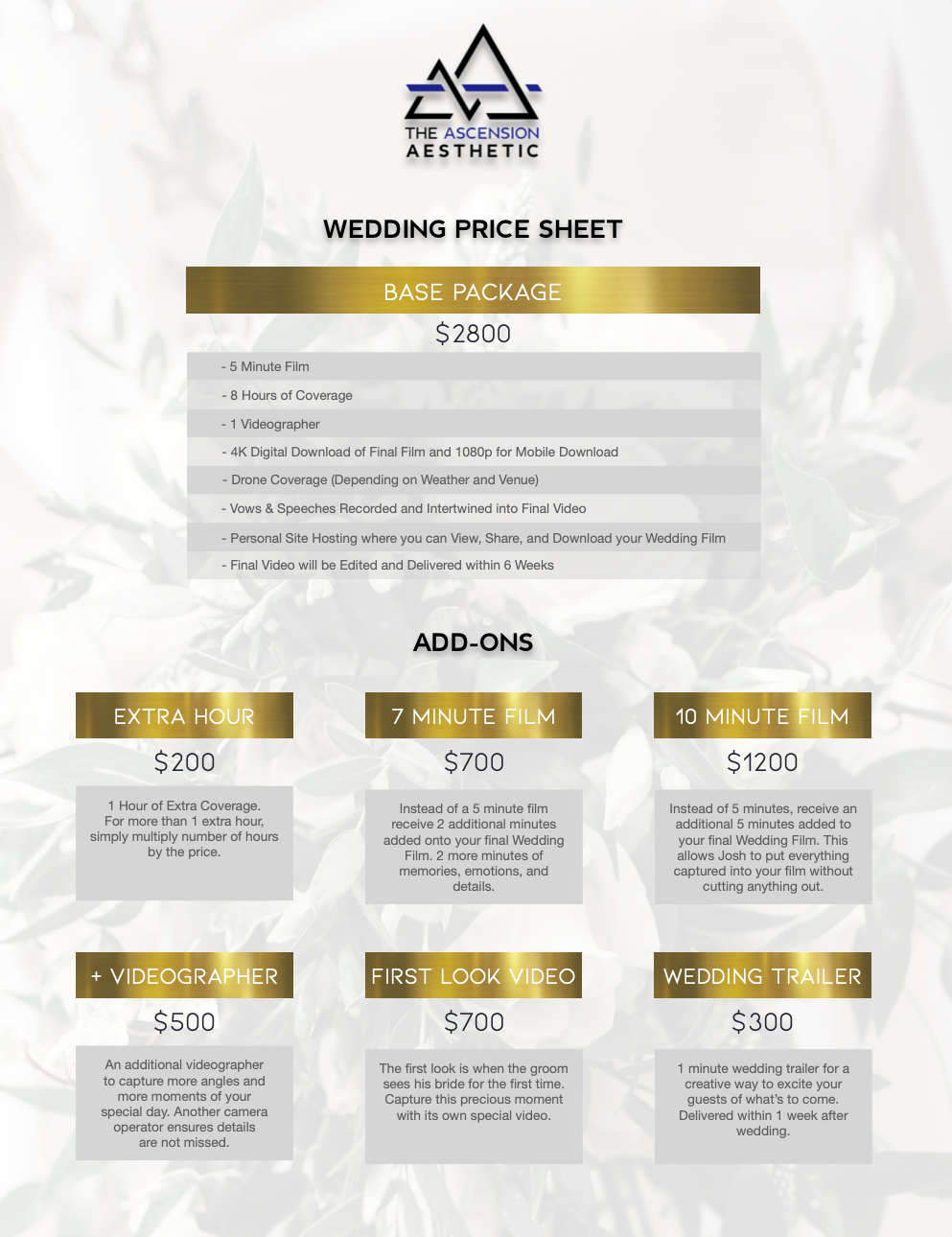 Wedding Pricing Sheet — The Ascension Aesthetic