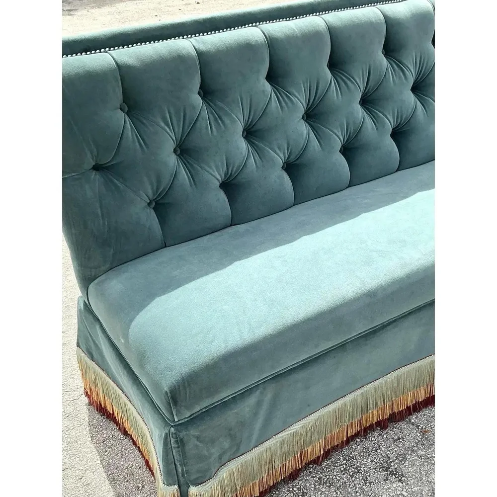 20th Century English Velvet Upholstered 3-Seat Saddle Arm Sofa ...