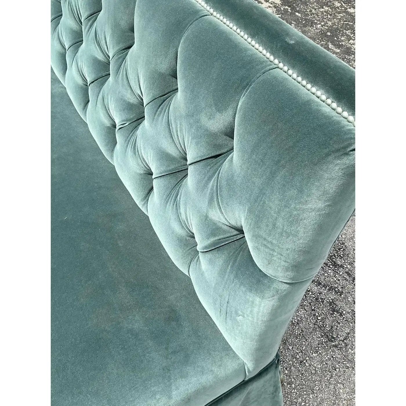 20th Century English Velvet Upholstered 3-Seat Saddle Arm Sofa ...
