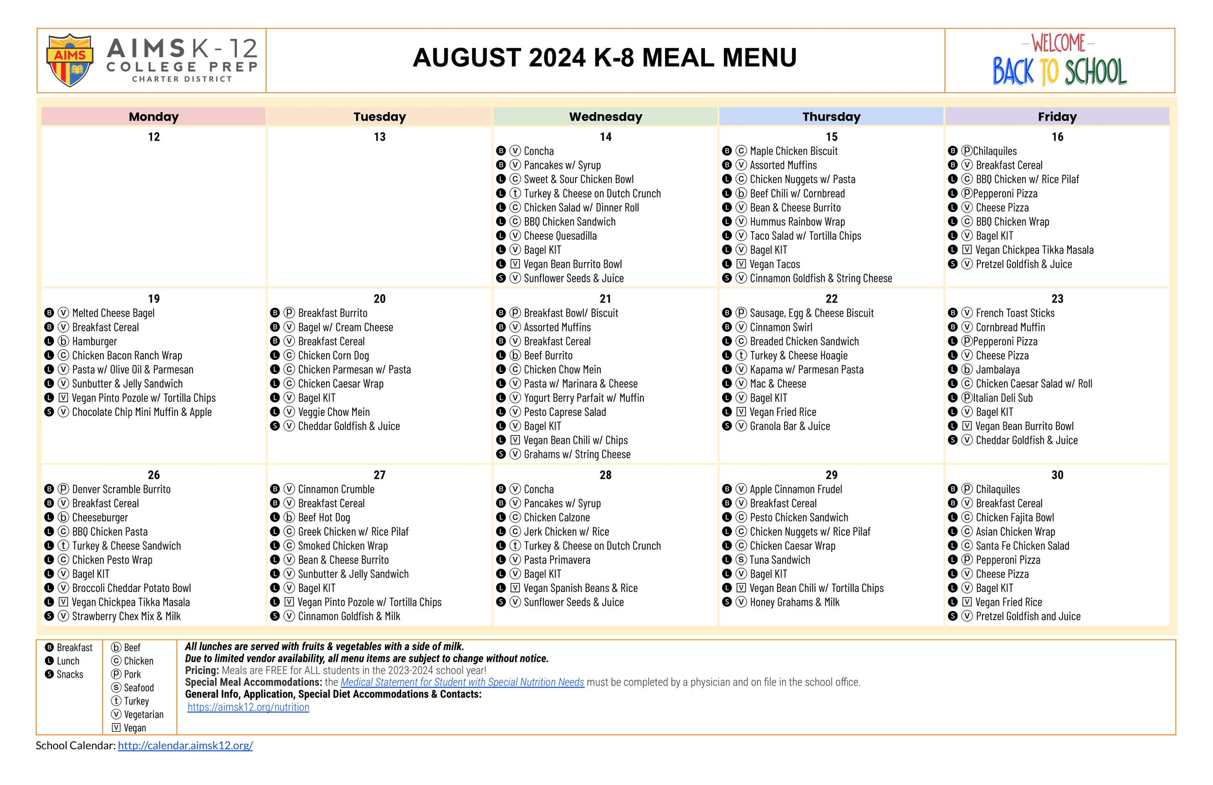 Meal Menu for August 2024 — AIMS K-12