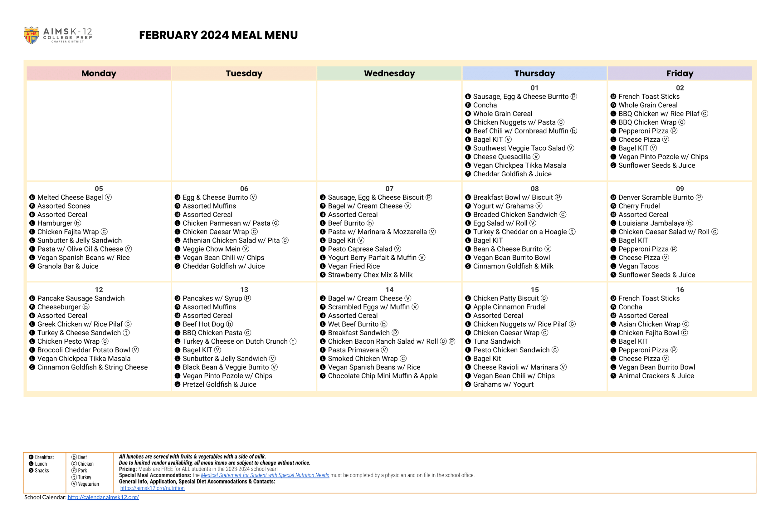 Meal Menu for February 2024 — AIMS K-12