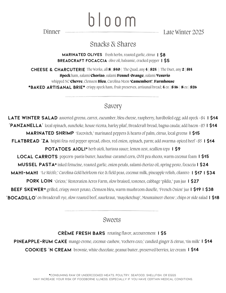 Sample Food Menus — BLOOM | RESTAURANT & WINE BAR