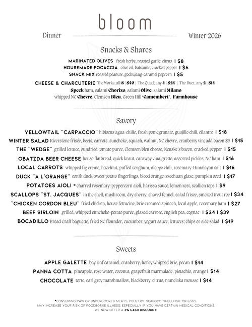 Sample Food Menus — BLOOM | RESTAURANT & WINE BAR