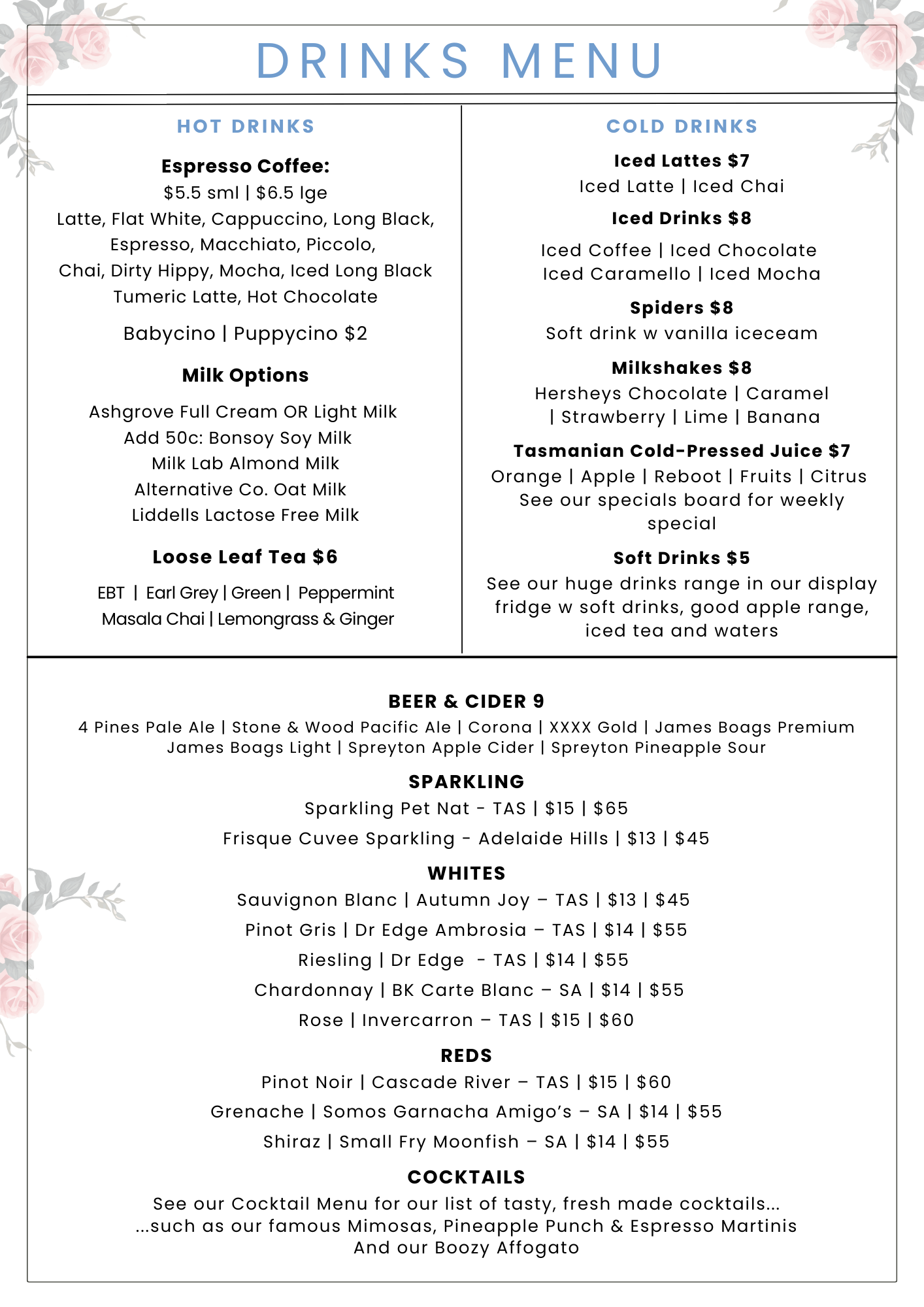 Food and Drink Menu — Marion Storm Maritime Cafe Devonport