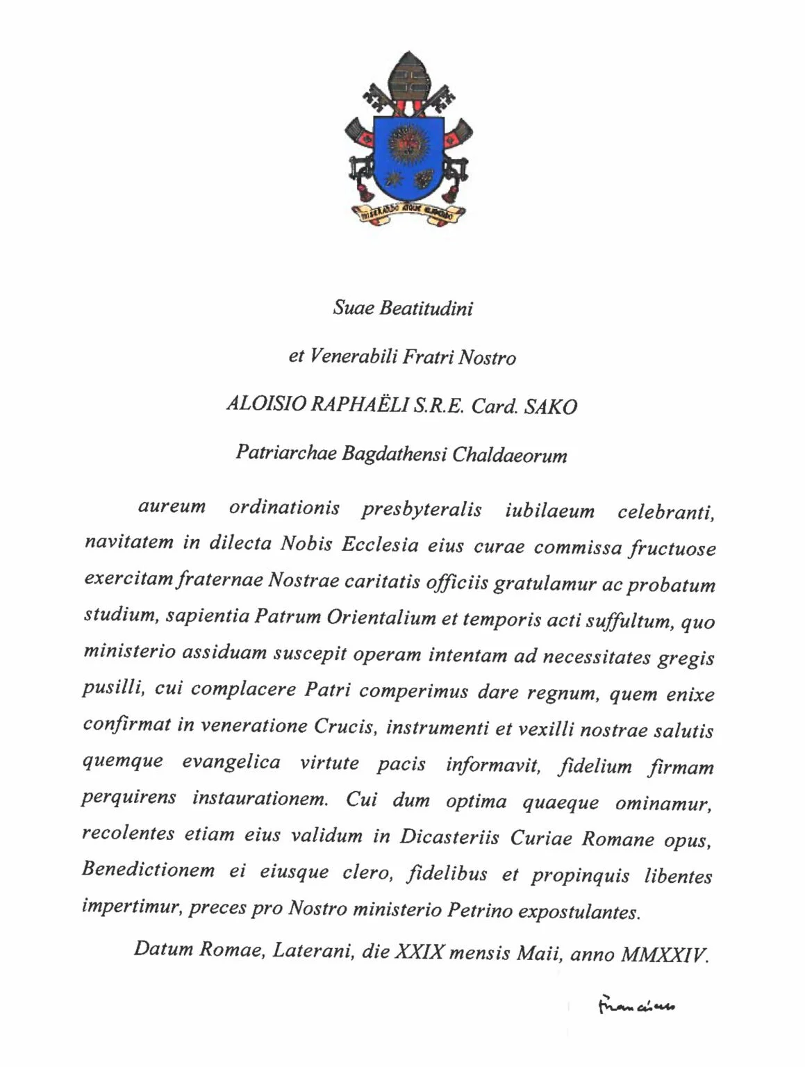 His Holiness Pope Francis Sent a Congratulation Letter to His Beatitude ...