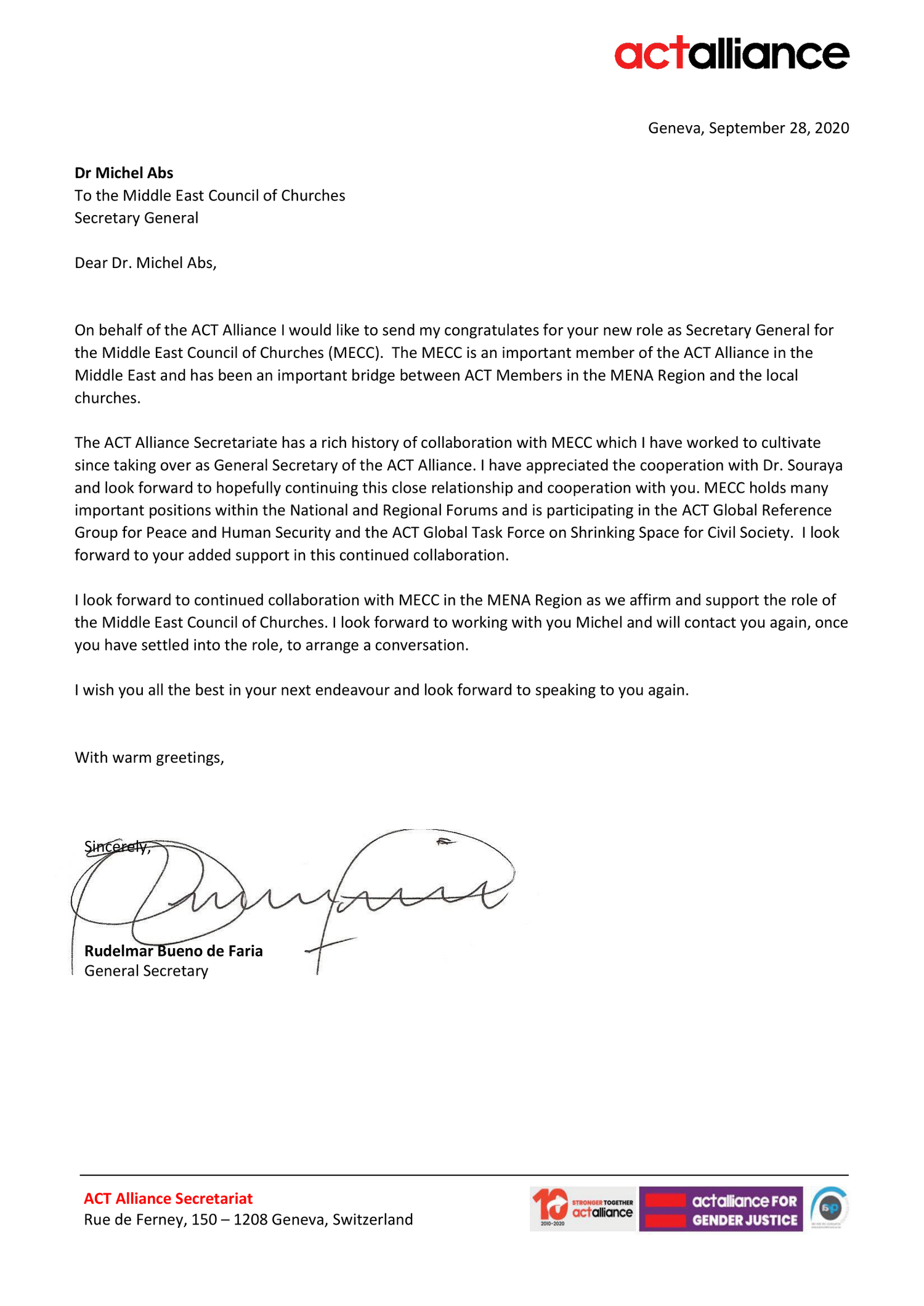 Congratulations letters to Dr. Michel Abs, the new MECC Secretary ...