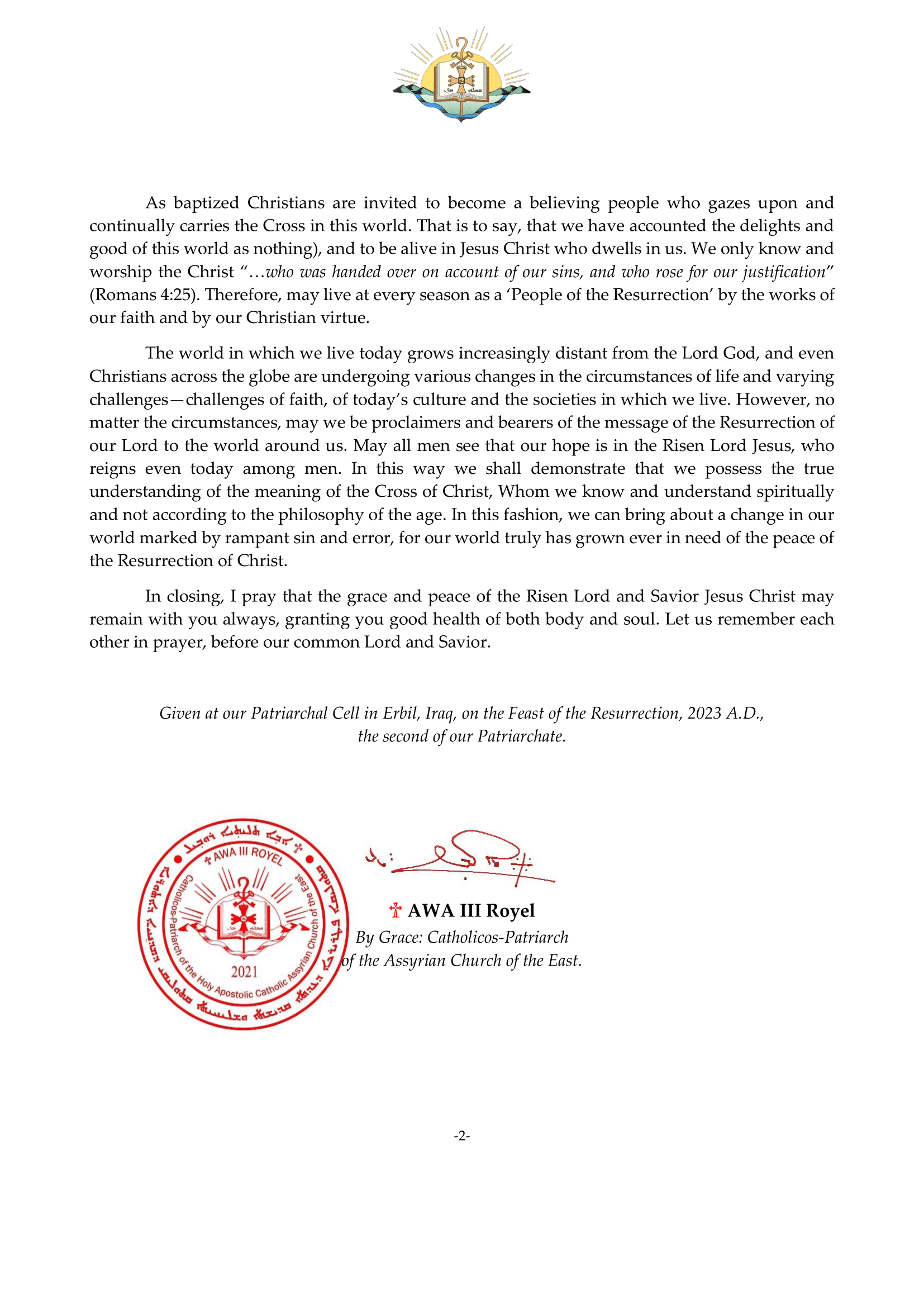His Holiness Catholicos Patriarch Mar Awa III Royel Sends an Easter ...