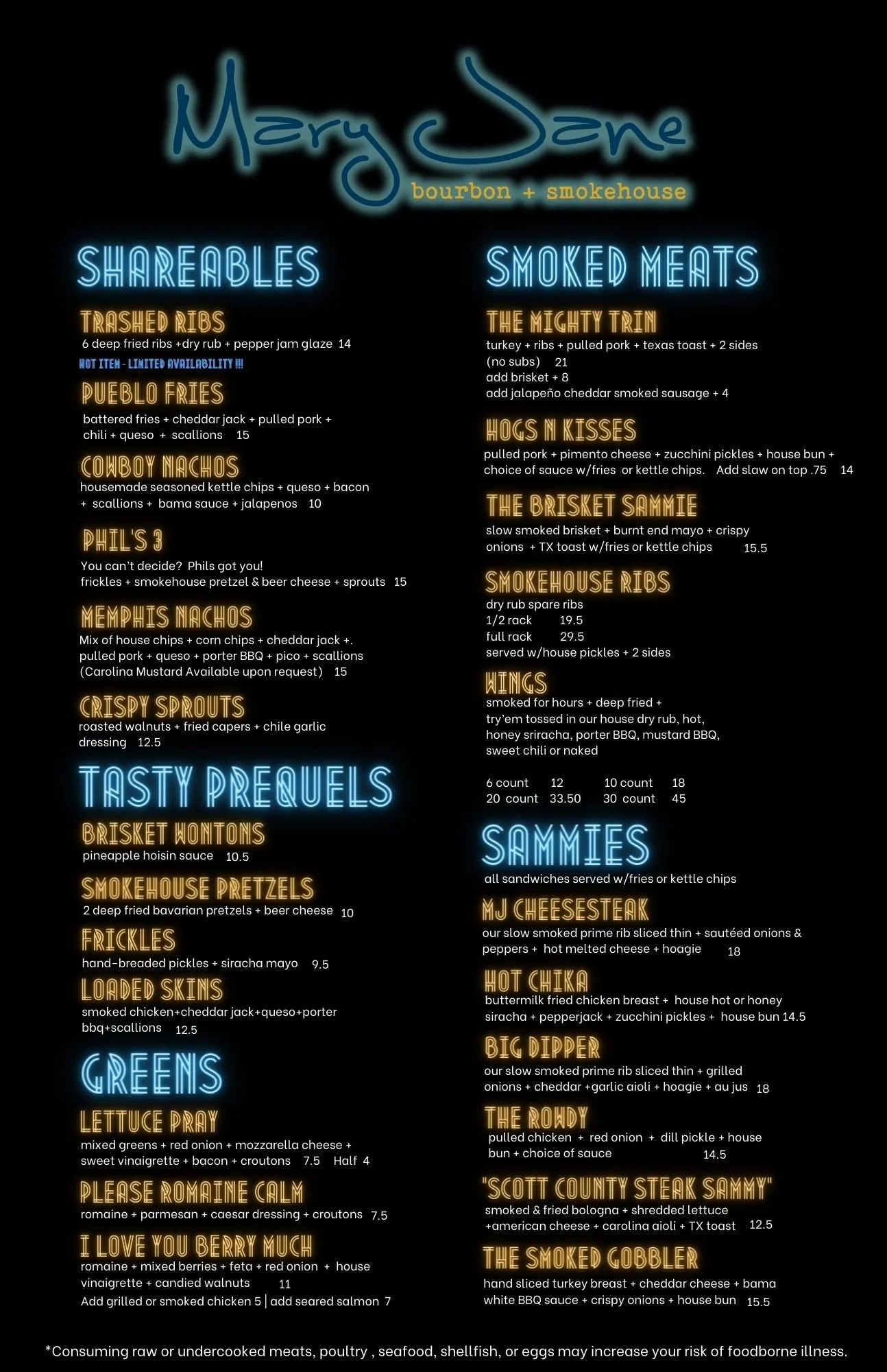 LUNCH + DINNER MENU — Mary Jane bourbon + smokehouse