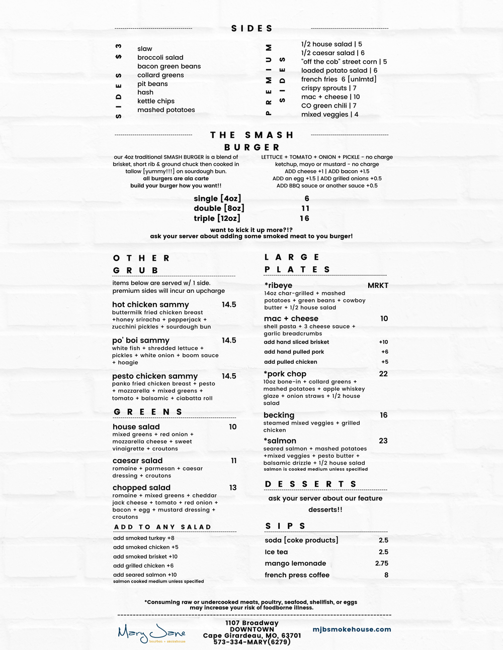 LUNCH + DINNER MENU — Mary Jane bourbon + smokehouse