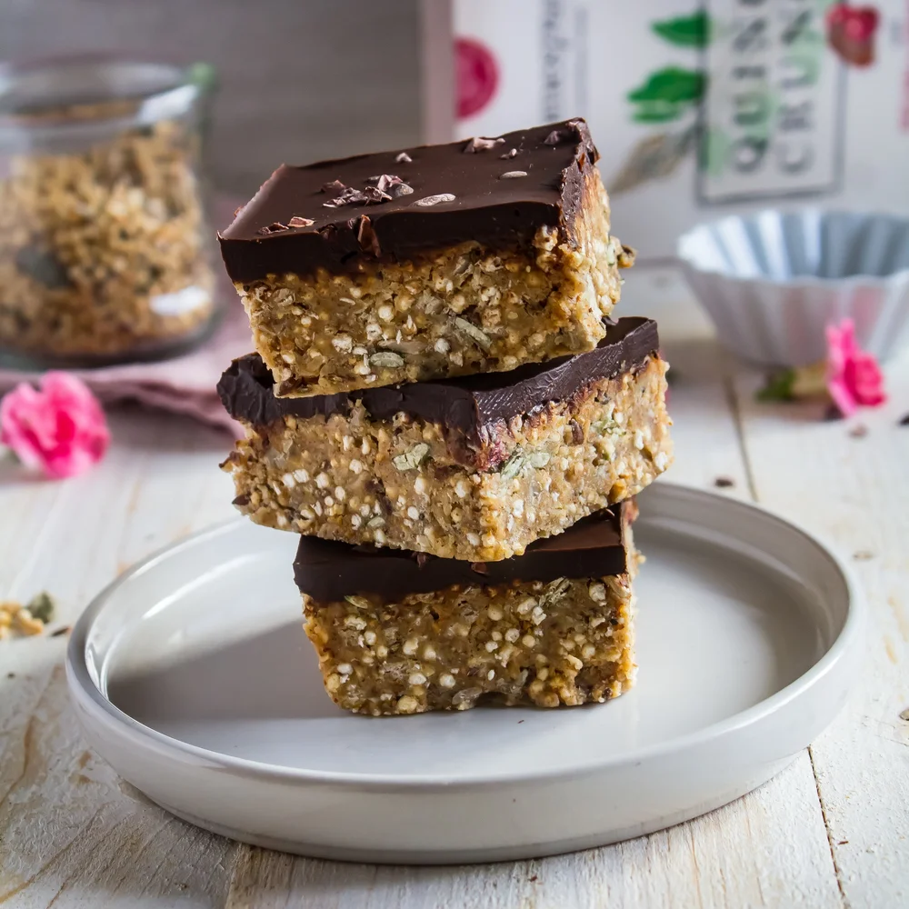 Chocolate coated almond butter quinoa crunch bar recipe — Homespun