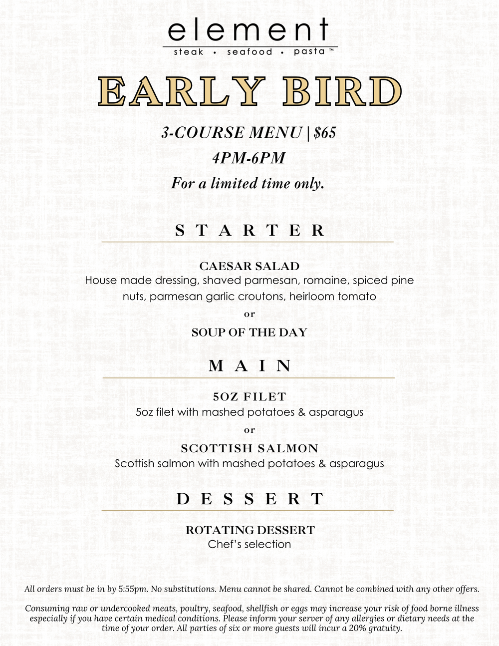 Early Bird Menu — element: steak. seafood. pasta.