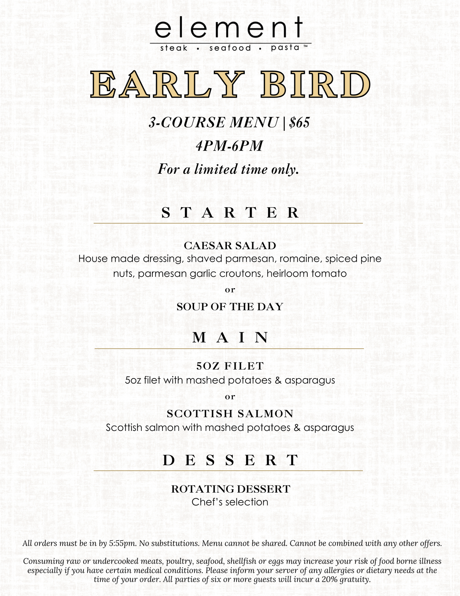 Early Bird Menu — element: steak. seafood. pasta.