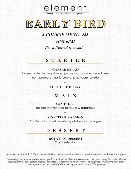 Early Bird Menu — element: steak. seafood. pasta.