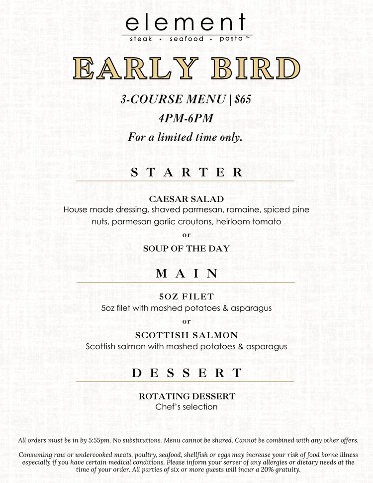 Early Bird Menu — element: steak. seafood. pasta.