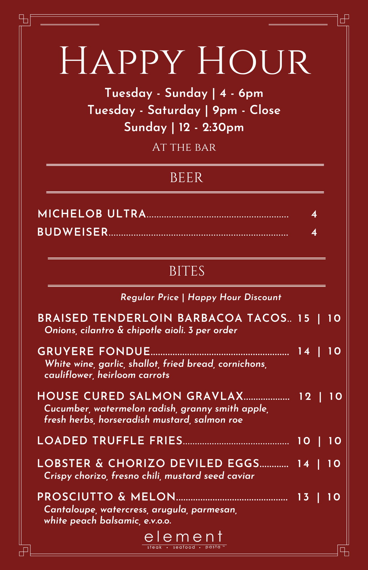 HAPPY HOUR — element: steak. seafood. pasta.