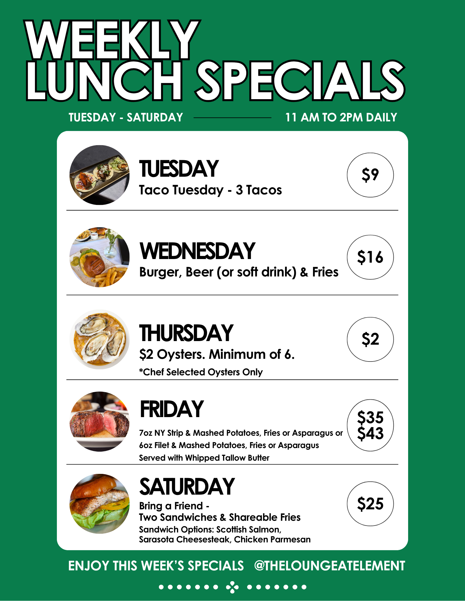 LUNCH AT THE LOUNGE MENU — element: steak. seafood. pasta.