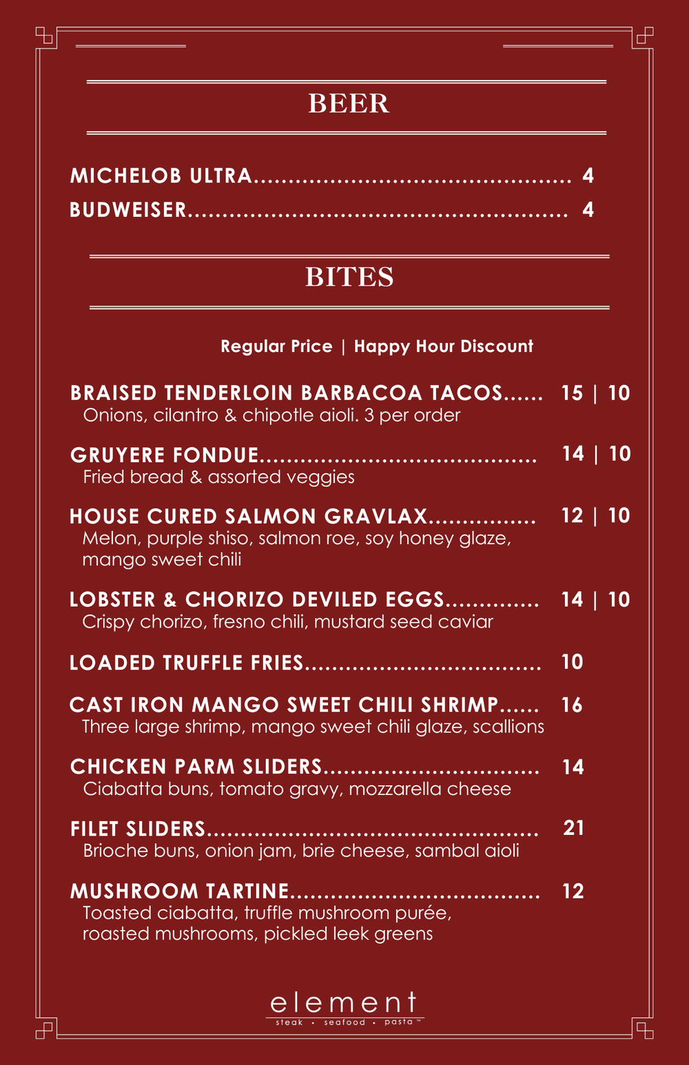 Happy Hour in Sarasota | $7 Cocktails – Element SRQ — element: steak ...