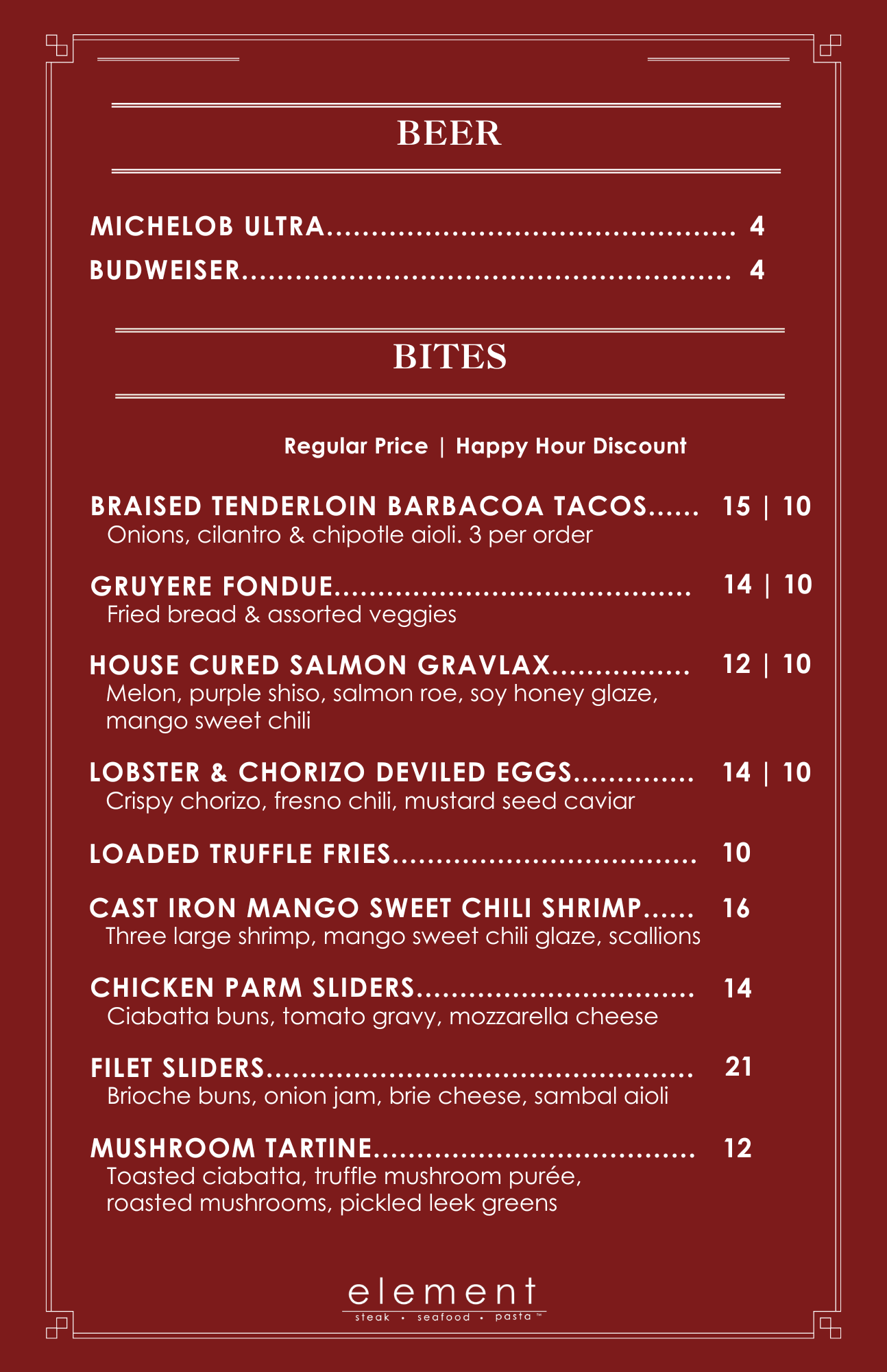 Happy Hour in Sarasota | $7 Cocktails – Element SRQ — element: steak ...