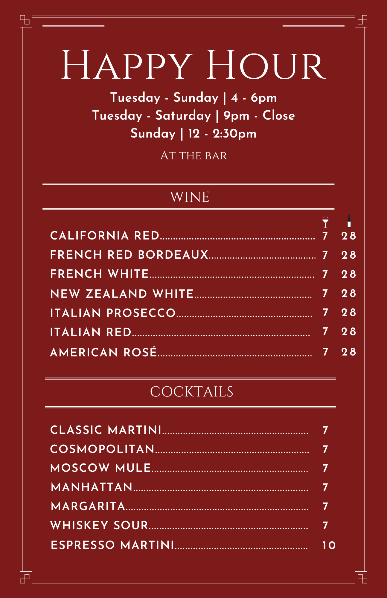 HAPPY HOUR — element: steak. seafood. pasta.