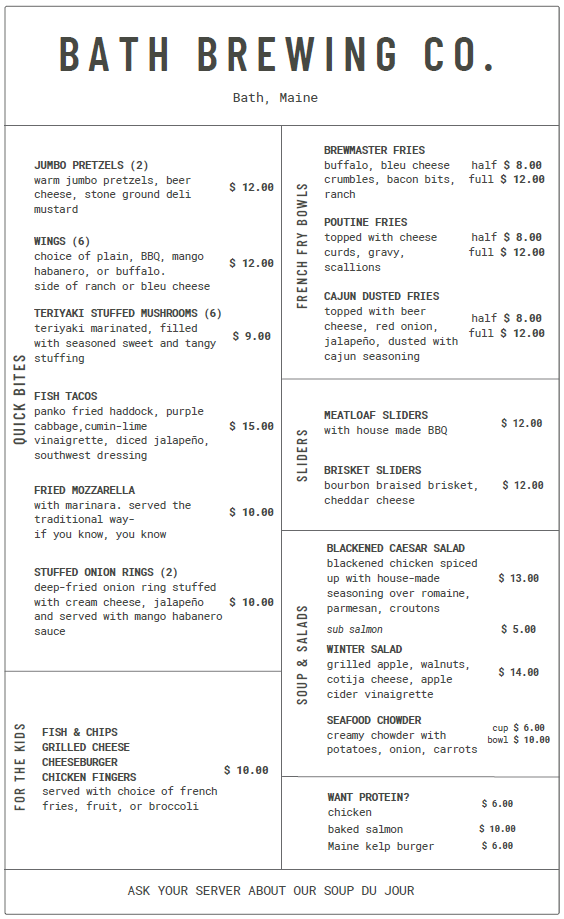 Food Menu — Bath Brewing Company