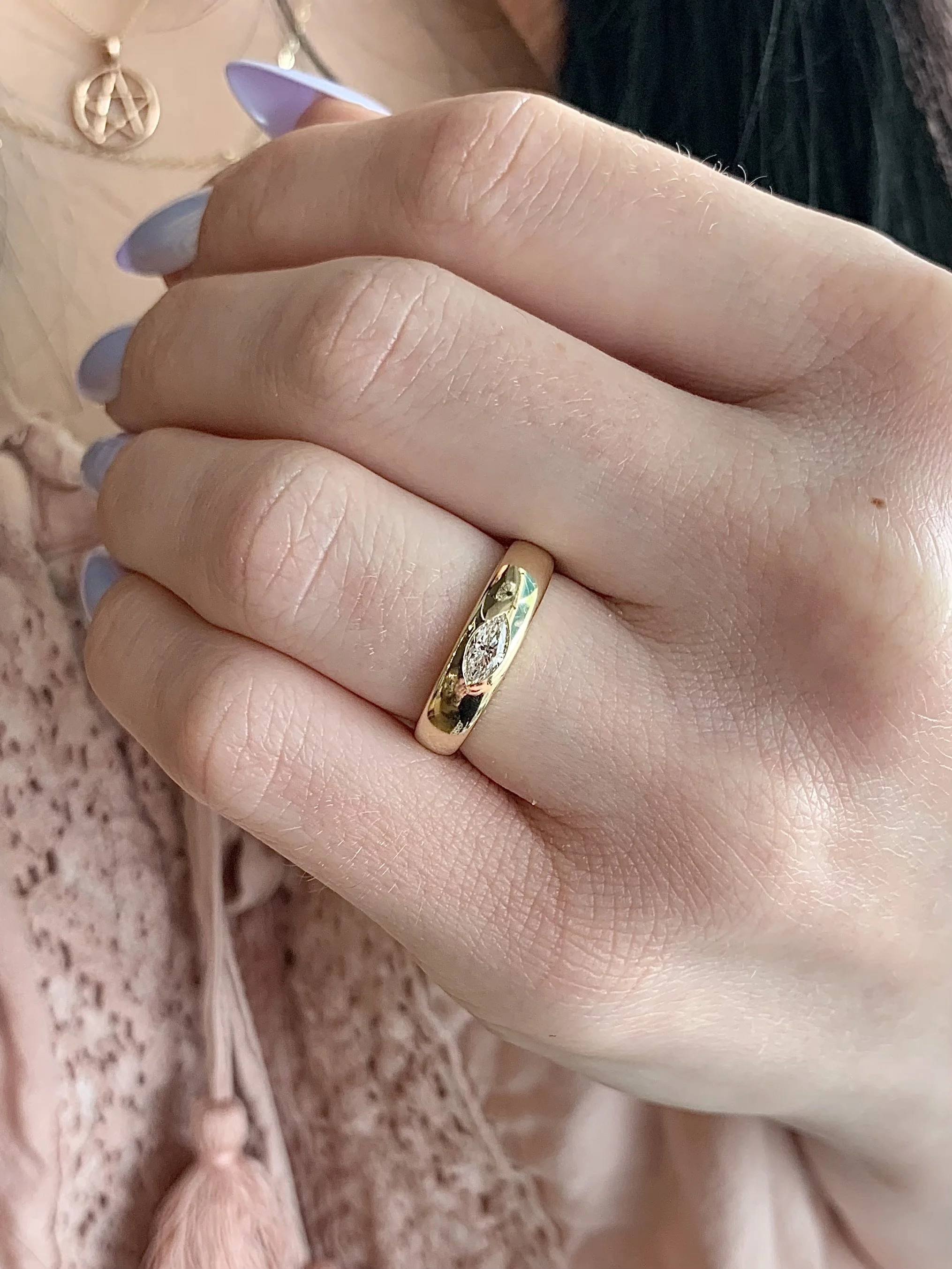 Marquis Cut Diamond Inset Domed 14k Yellow Gold Engagement Ring ...
