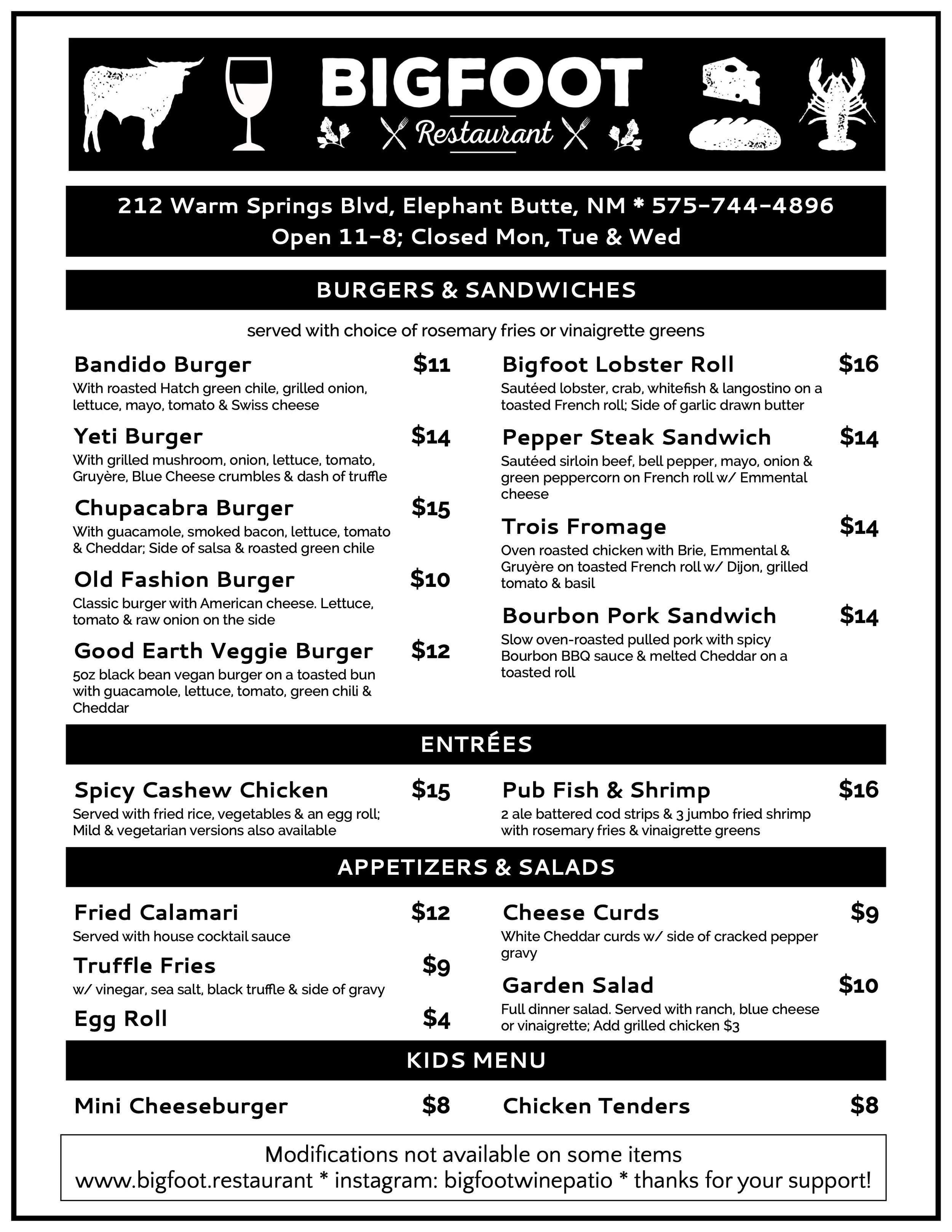 MENU — Bigfoot Restaurant