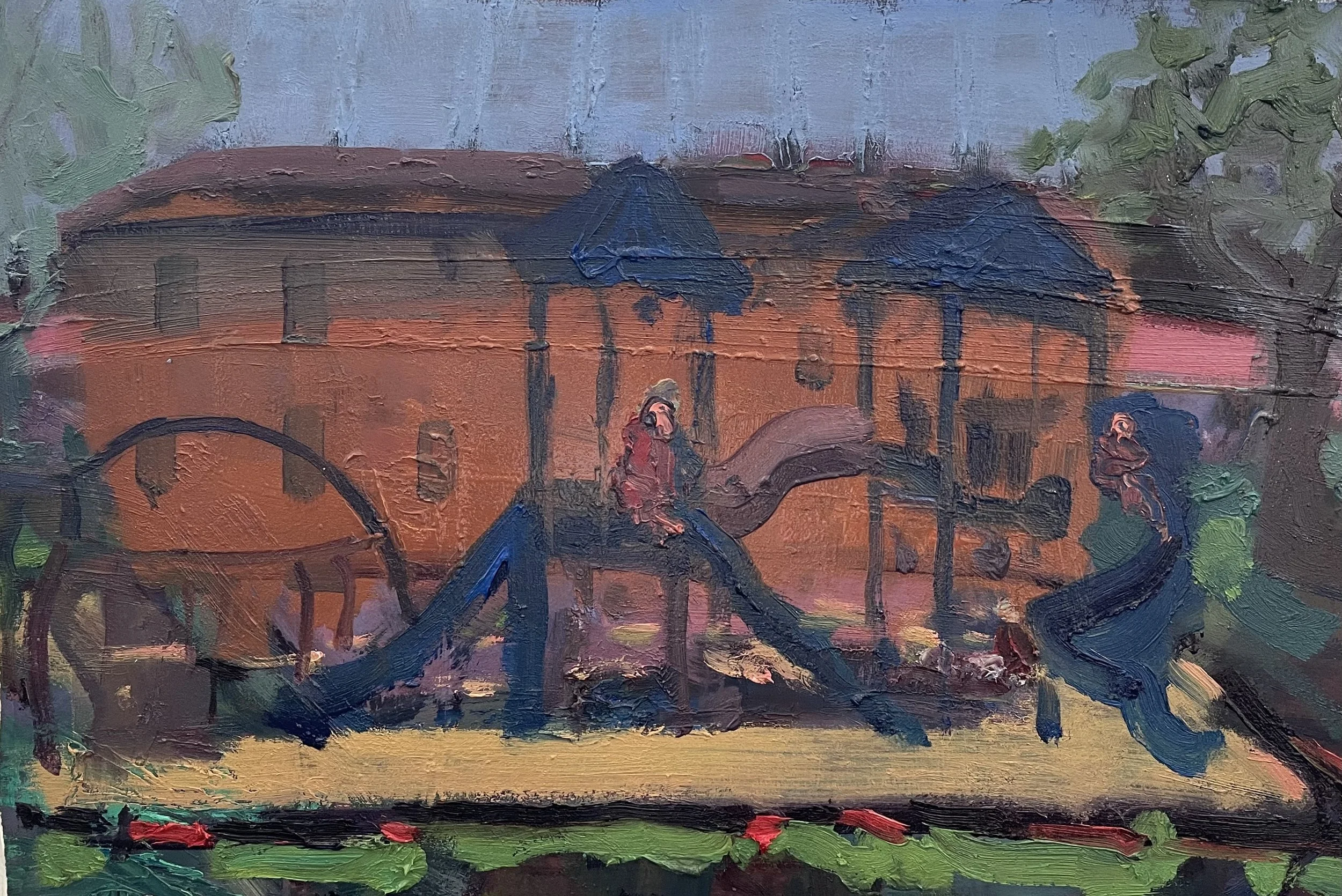 Levi and Elijah Sliding on the Playground, Painting by Aaron Lubrick ...