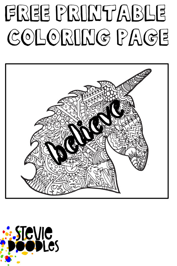 BELIEVE UNICORN ZENTANGLE - Free Coloring Page — Stevie Doodles