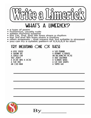 Write A Limerick Printable — Stevie Doodles