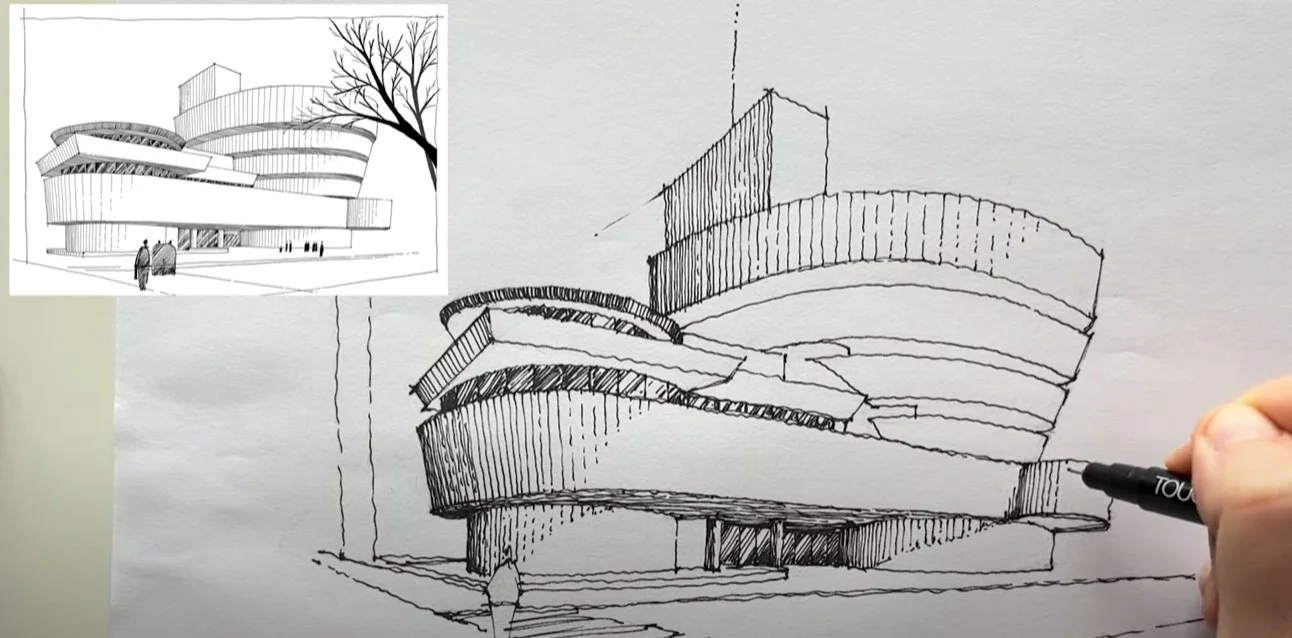 How to Draw Guggenheim Museum in NYC | Perspective Tutorial — Sketch ...