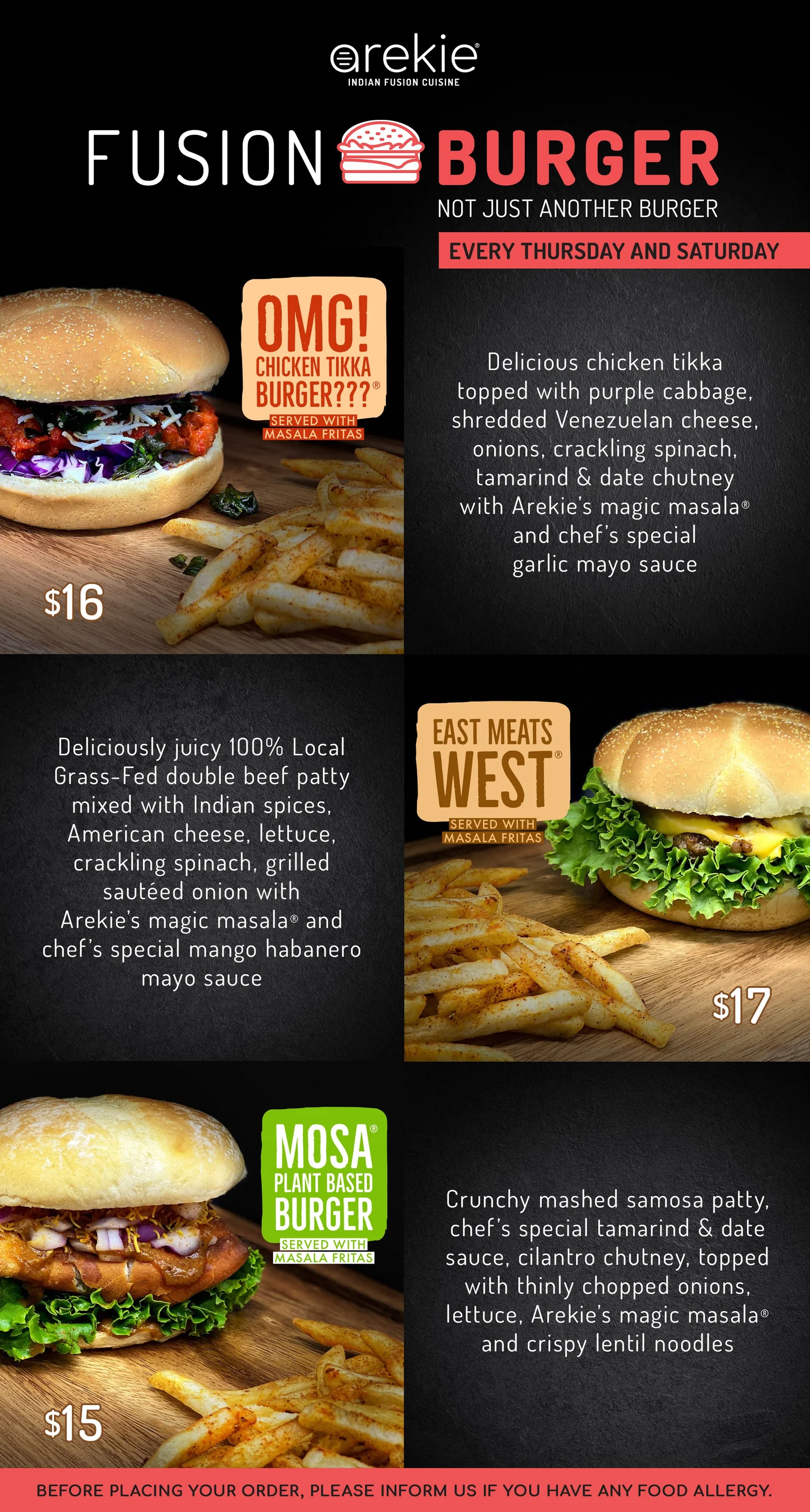 Menu — Arekie - Indian Fusion Cuisine