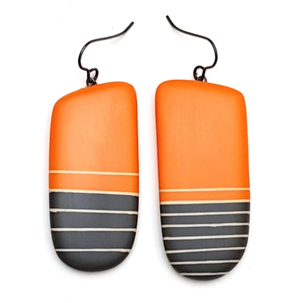 Long resin rectangle drops - cerise with red tops and nude stripes ...