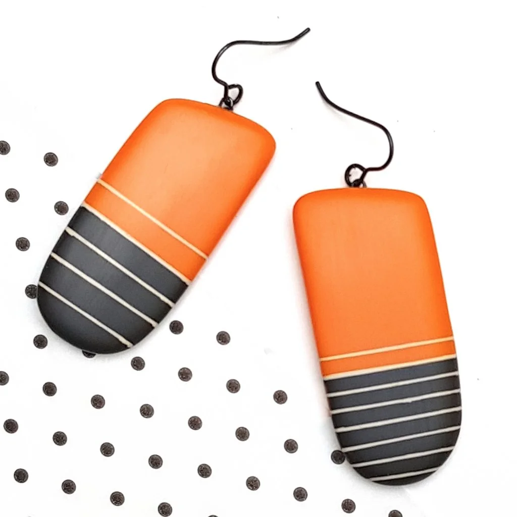 Long resin rectangle drops - cerise with red tops and nude stripes ...