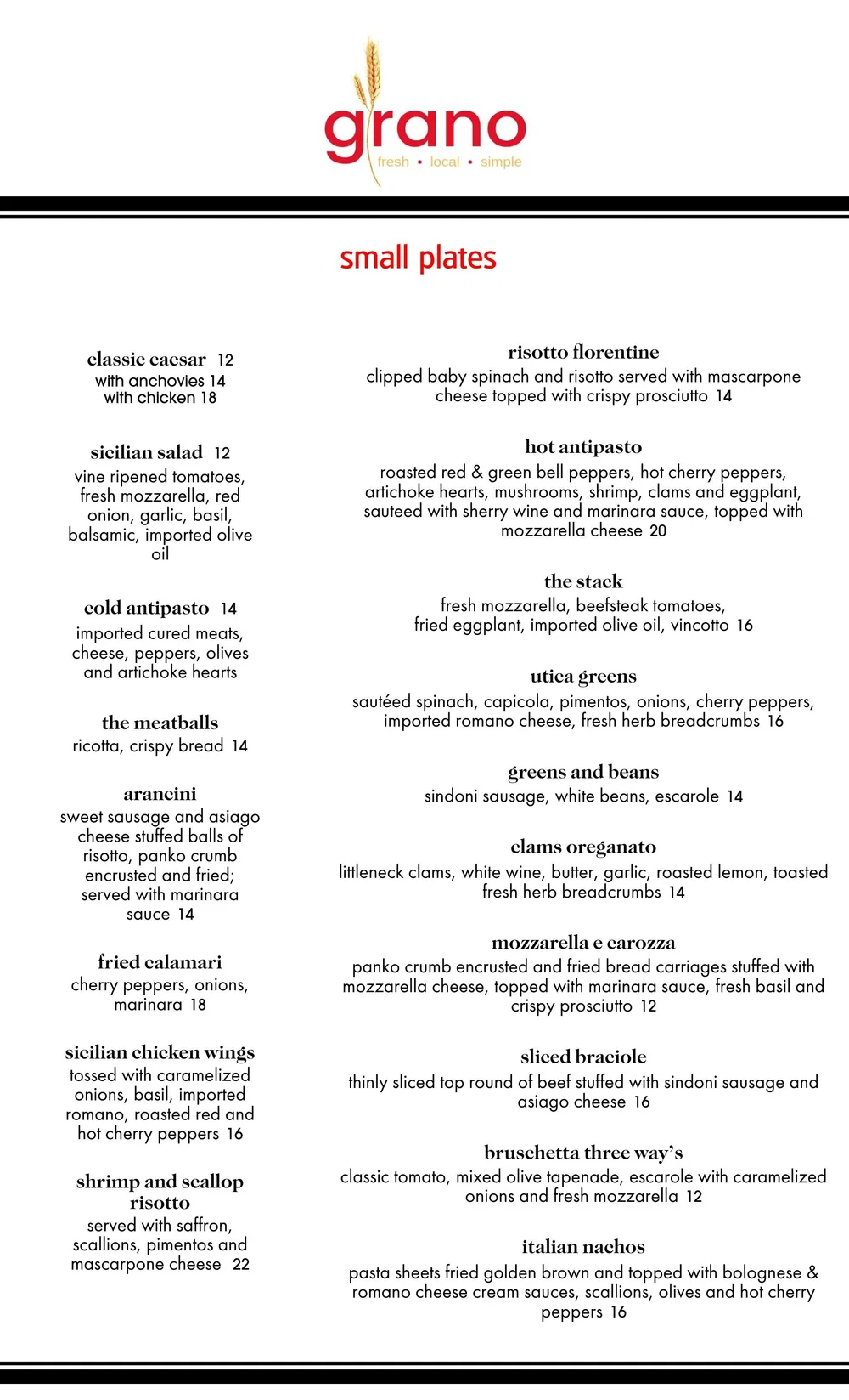 menu — grano