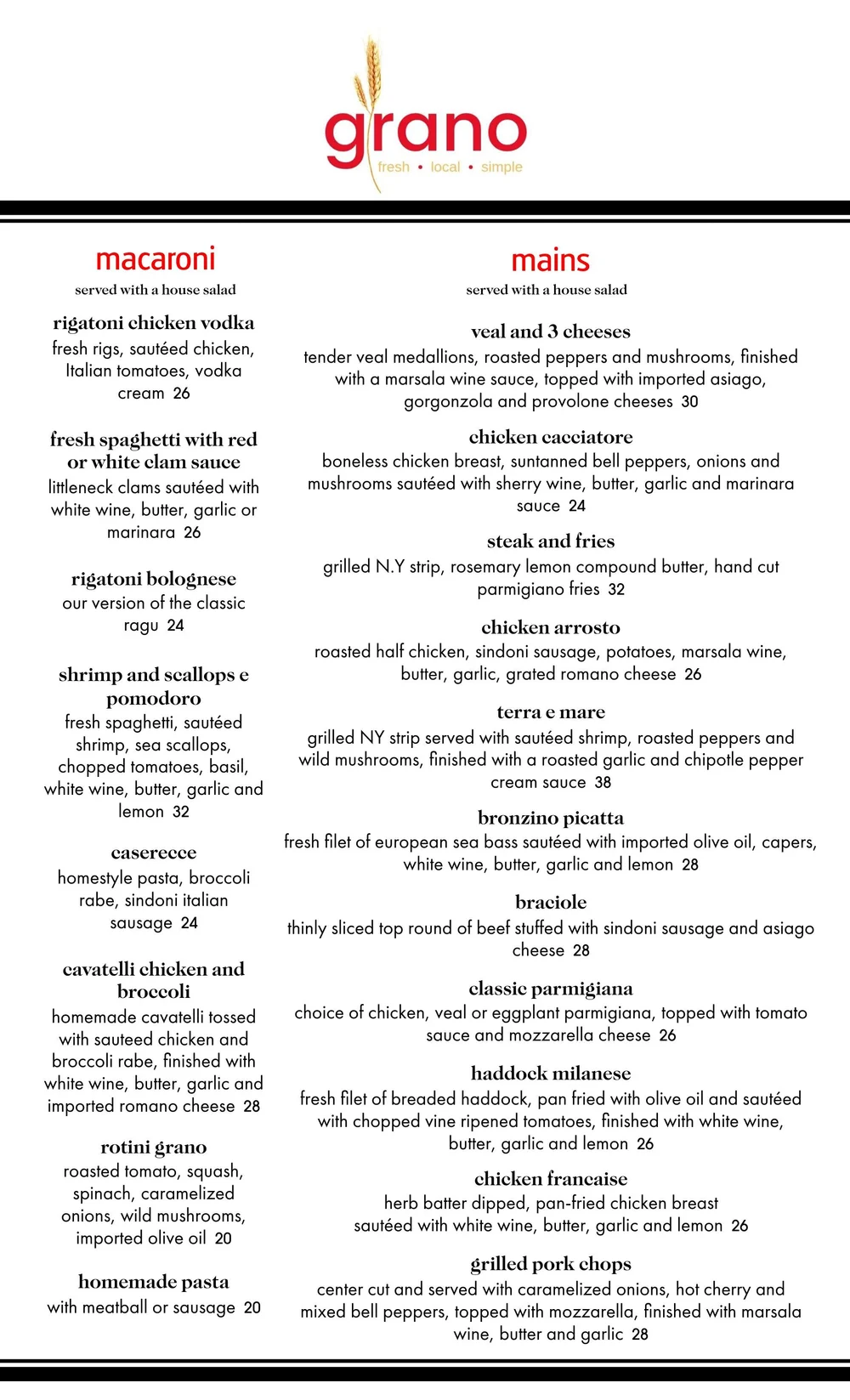 menu — grano