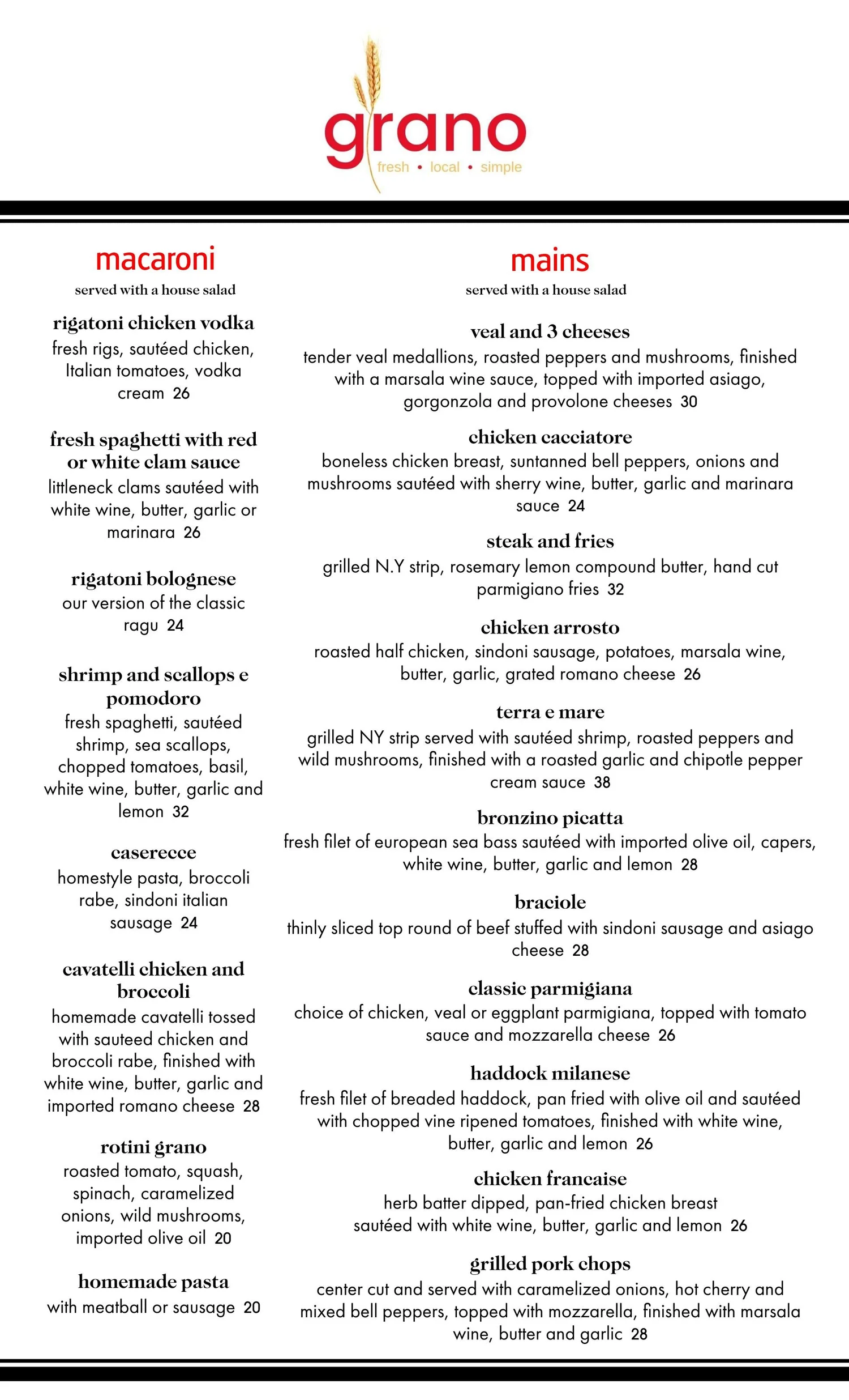menu — grano
