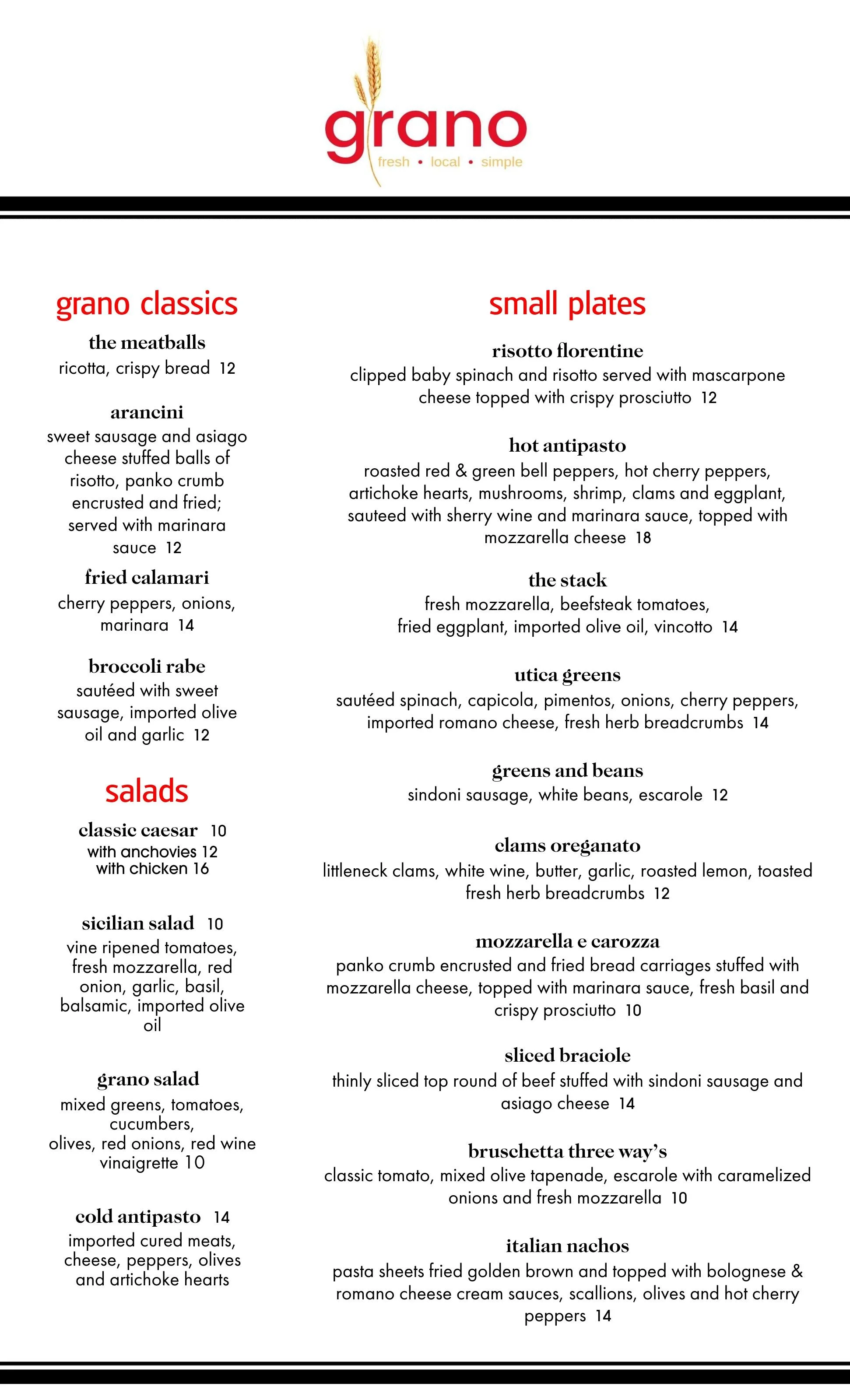 menu — grano
