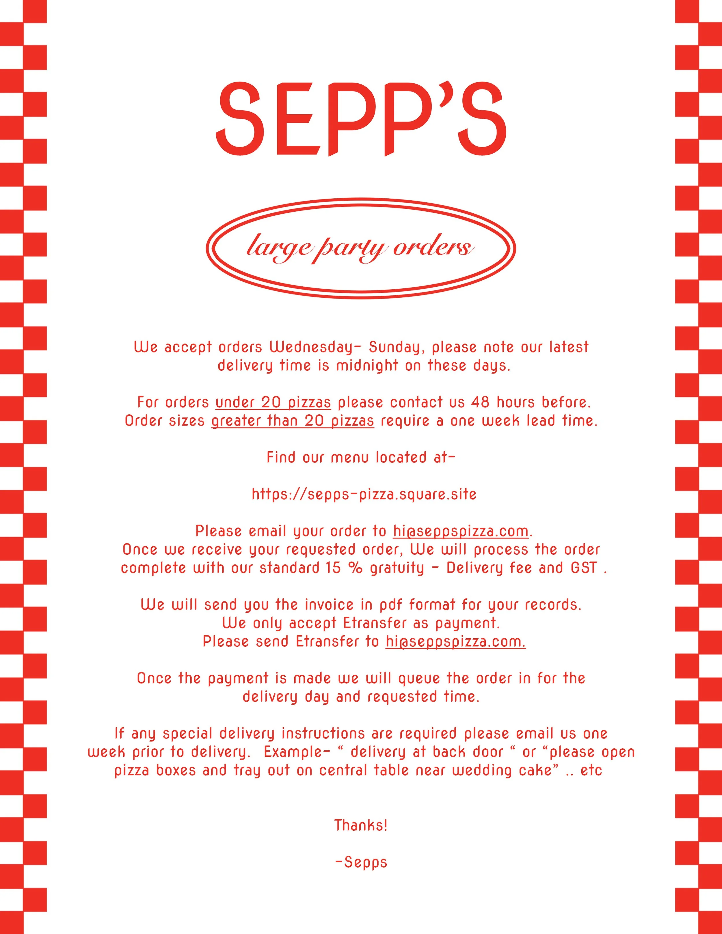 Large Party Orders — Sepp's Pizza