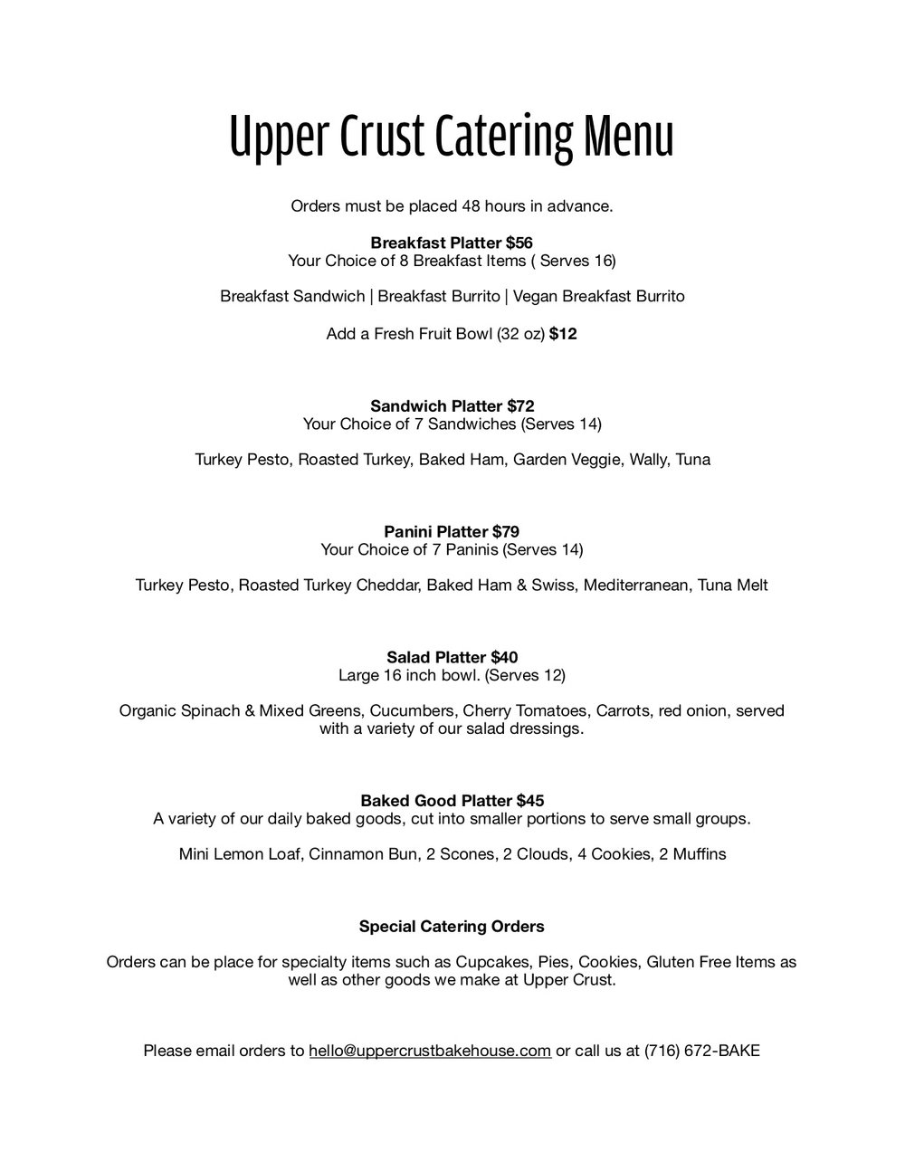 Fredonia Catering Menu | Upper Crust Bakery