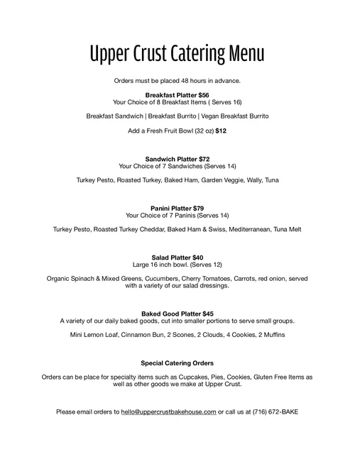 Fredonia Catering Menu | Upper Crust Bakery