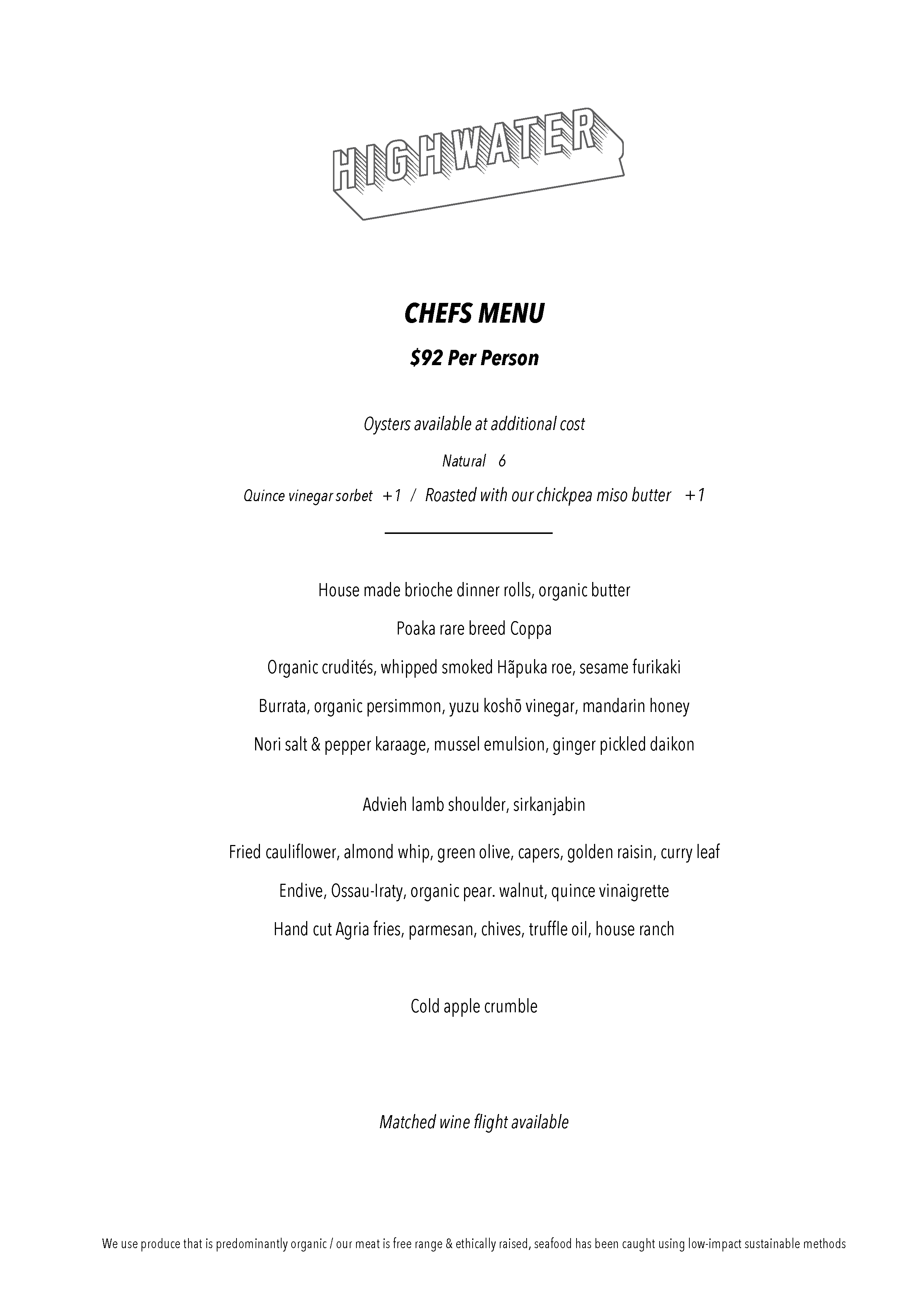 Chefs menu — highwater