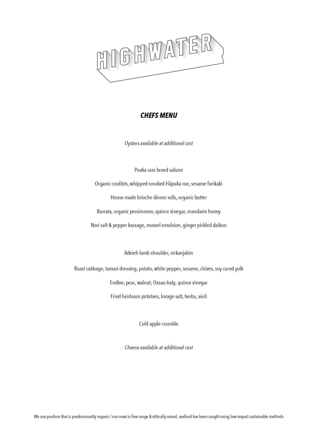 Chefs menu — highwater