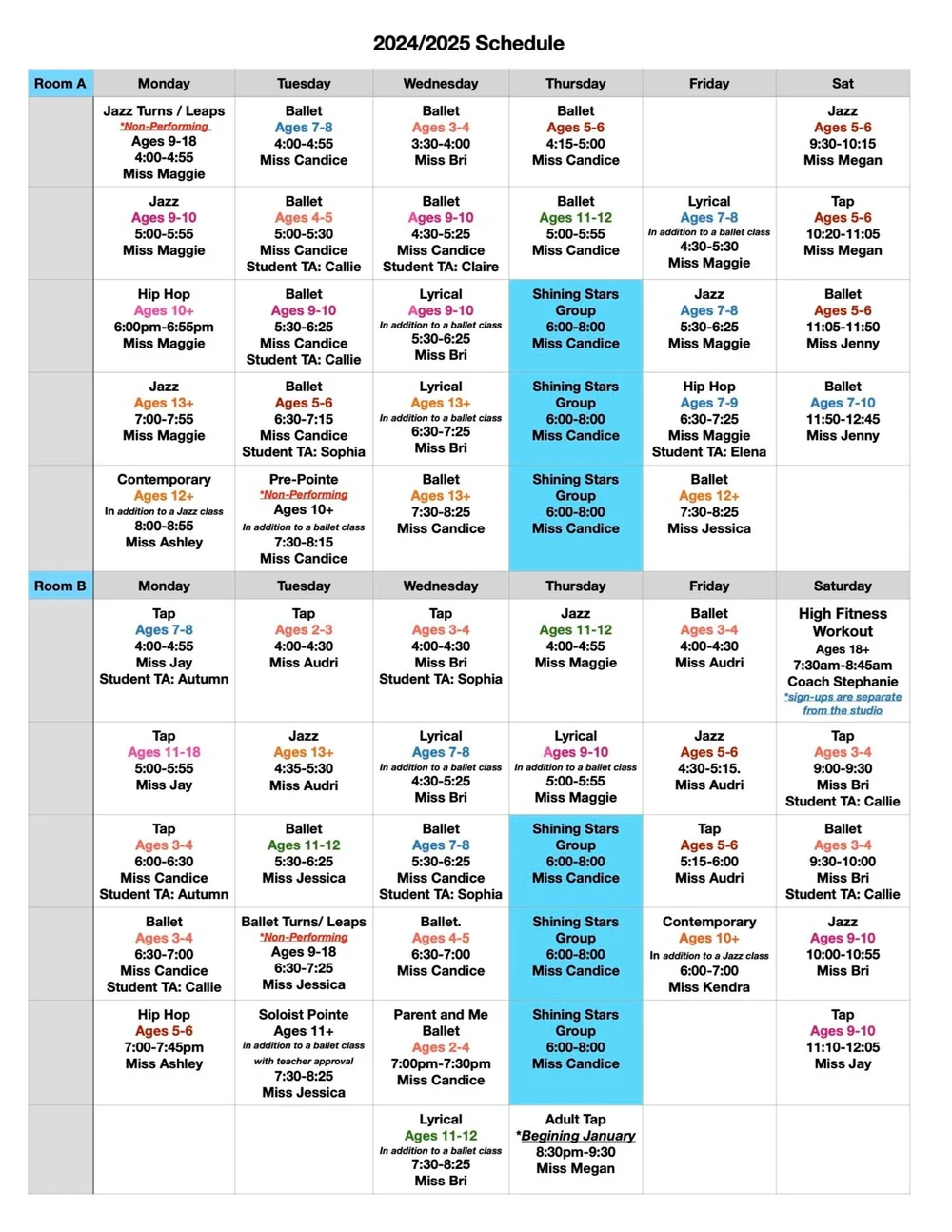 Schedule of Classes Offered — Miss Candice's Dance Center