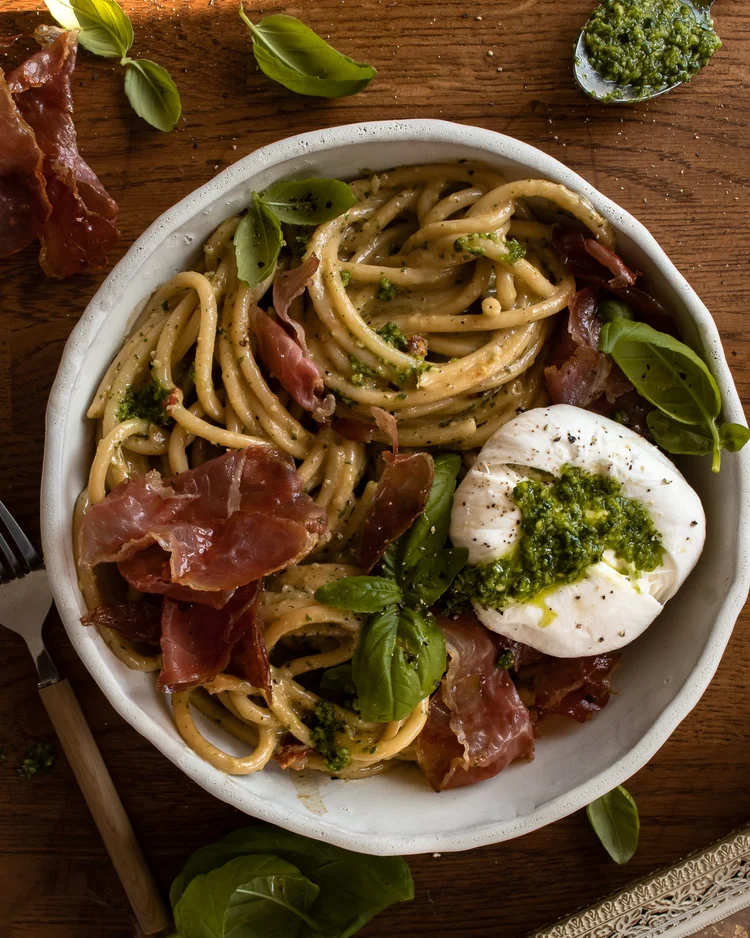 Creamy Basil and Garlic Pasta with Prosciutto and Burrata — Inspired ...