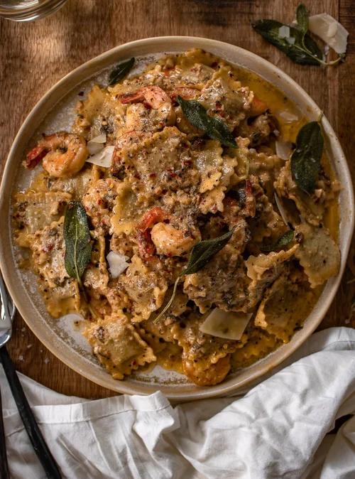 Sage and Browned Butter Shrimp Scampi With Ravioli — Inspired With A Twist