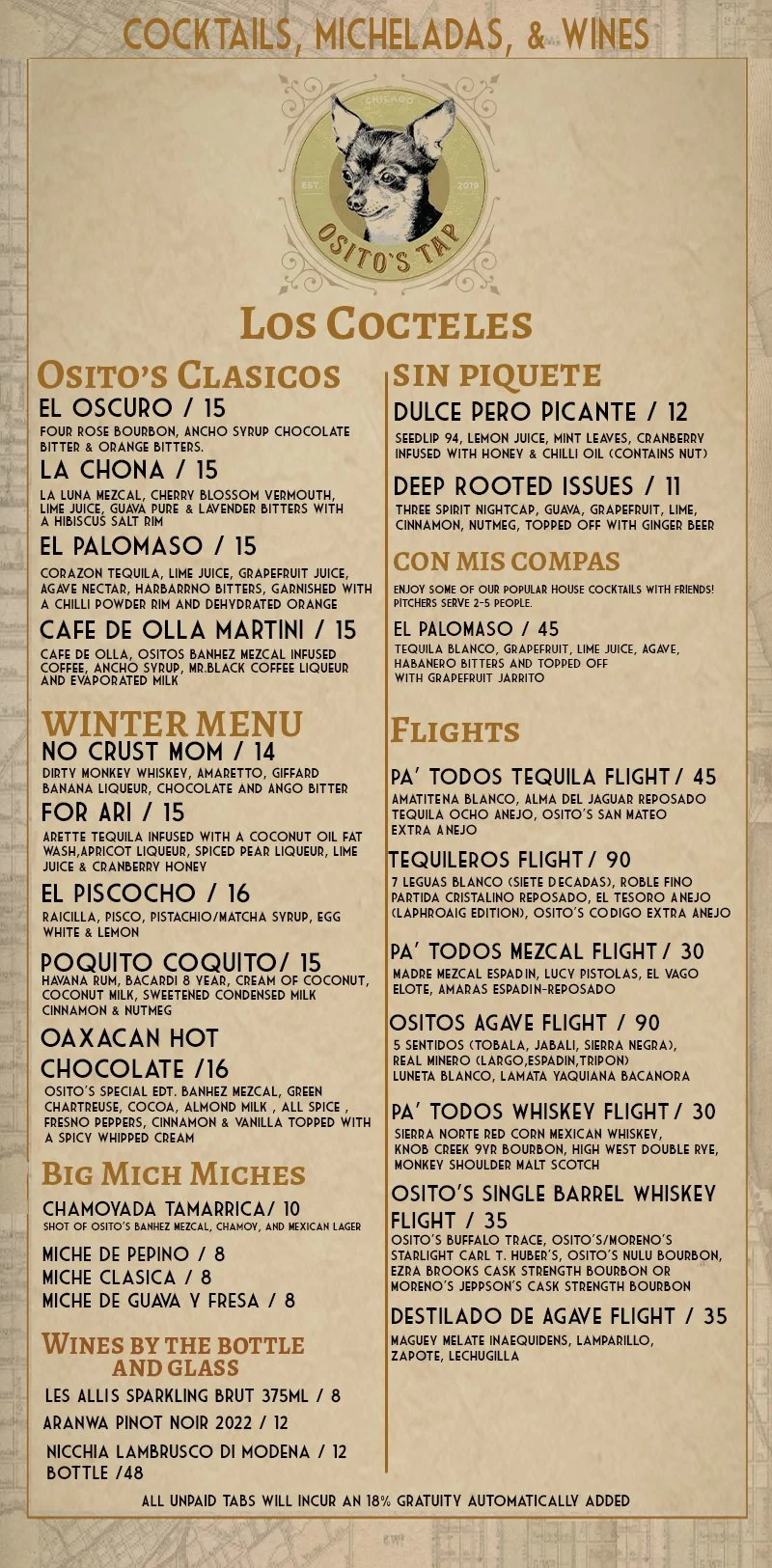 Drink Food Menu — Osito's Tap