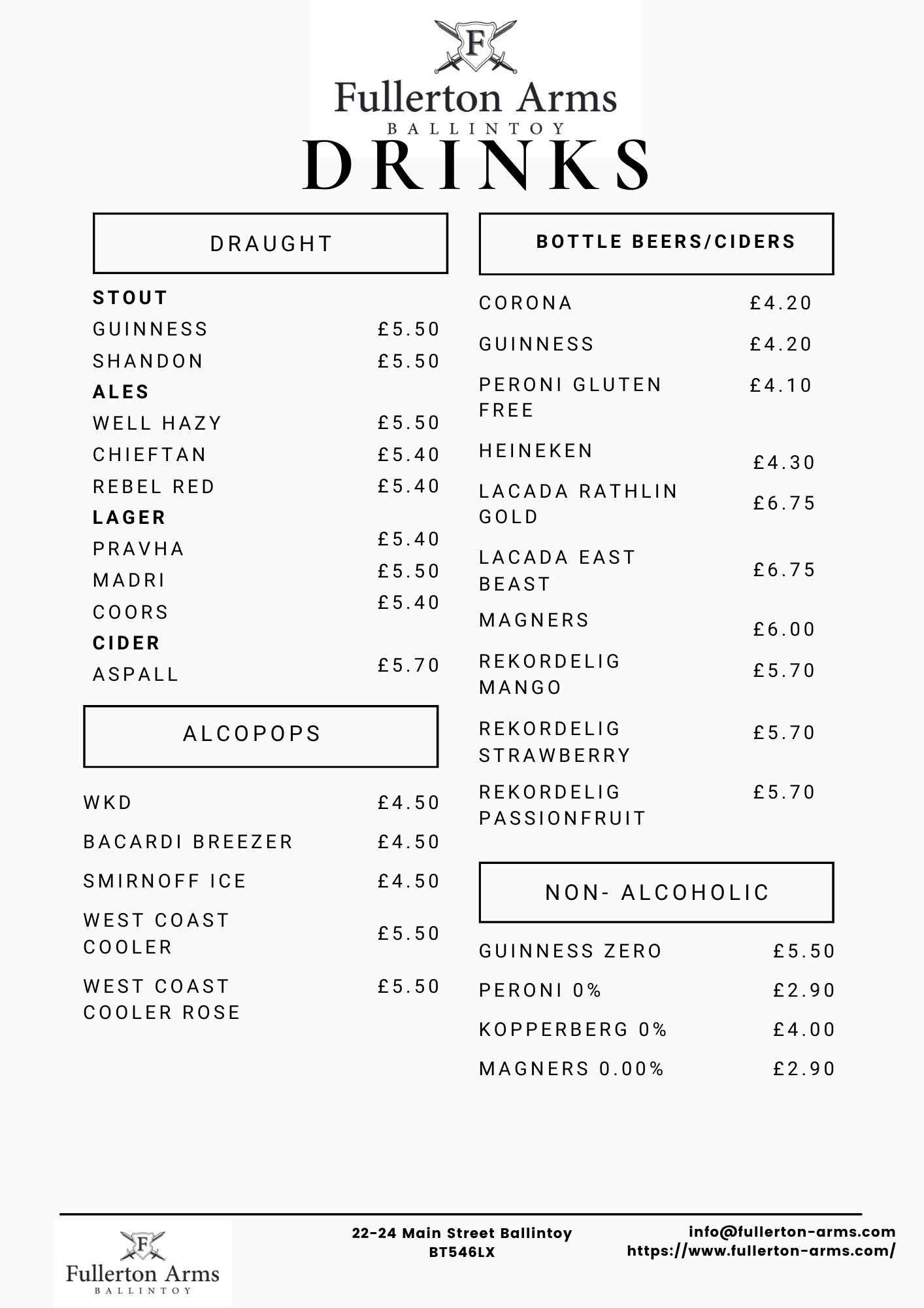 Food & Drink — Fullerton Arms Ballintoy: Giant's Causeway North Coast ...