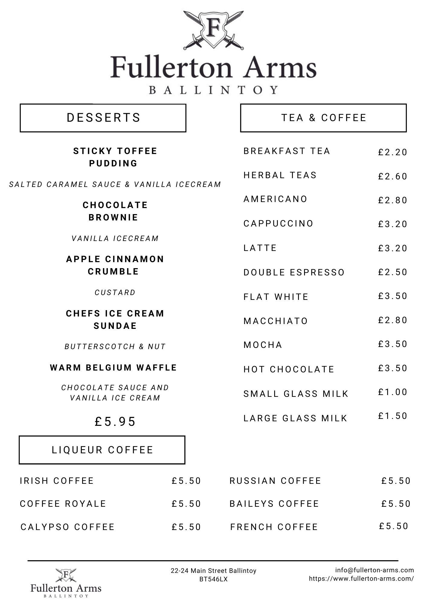 Food & Drink — Fullerton Arms Ballintoy: Giant's Causeway North Coast ...